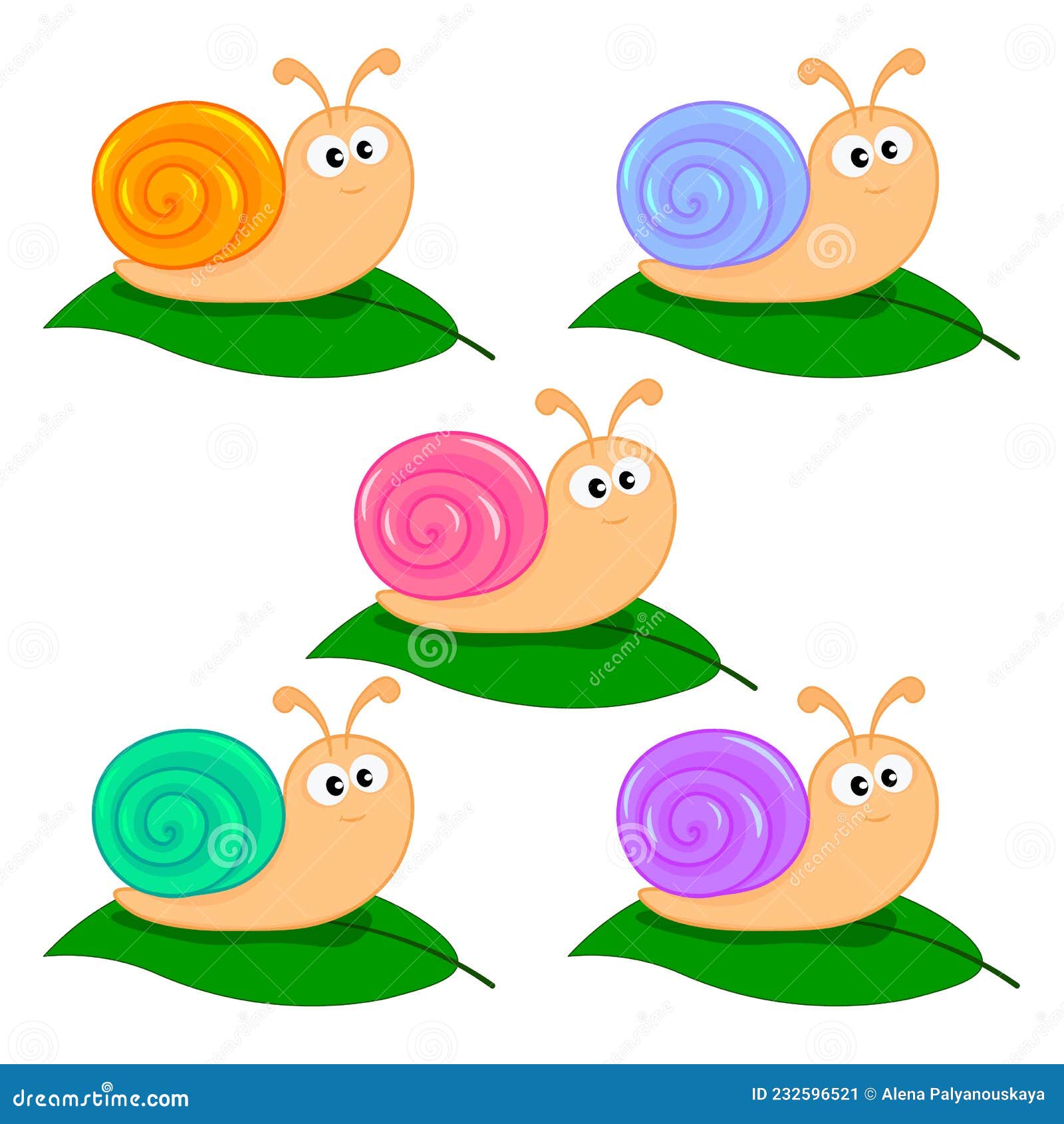 Set Of Cute Multi-colored Snails On A Green Leaf Cartoon Vector ...