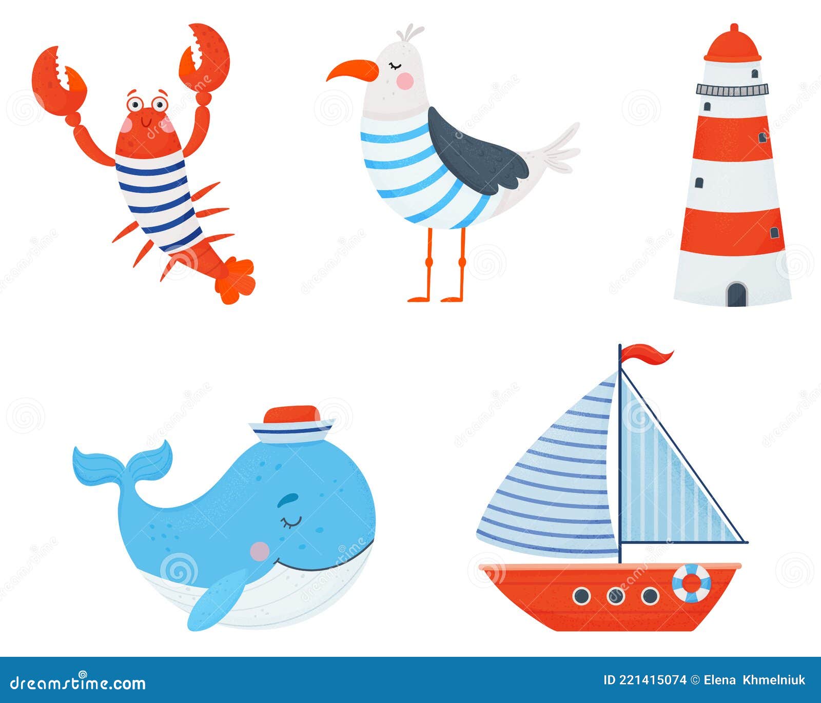 Set of Cute Nautical Elements.Vector Hand Drawn Illustration Cartoon ...