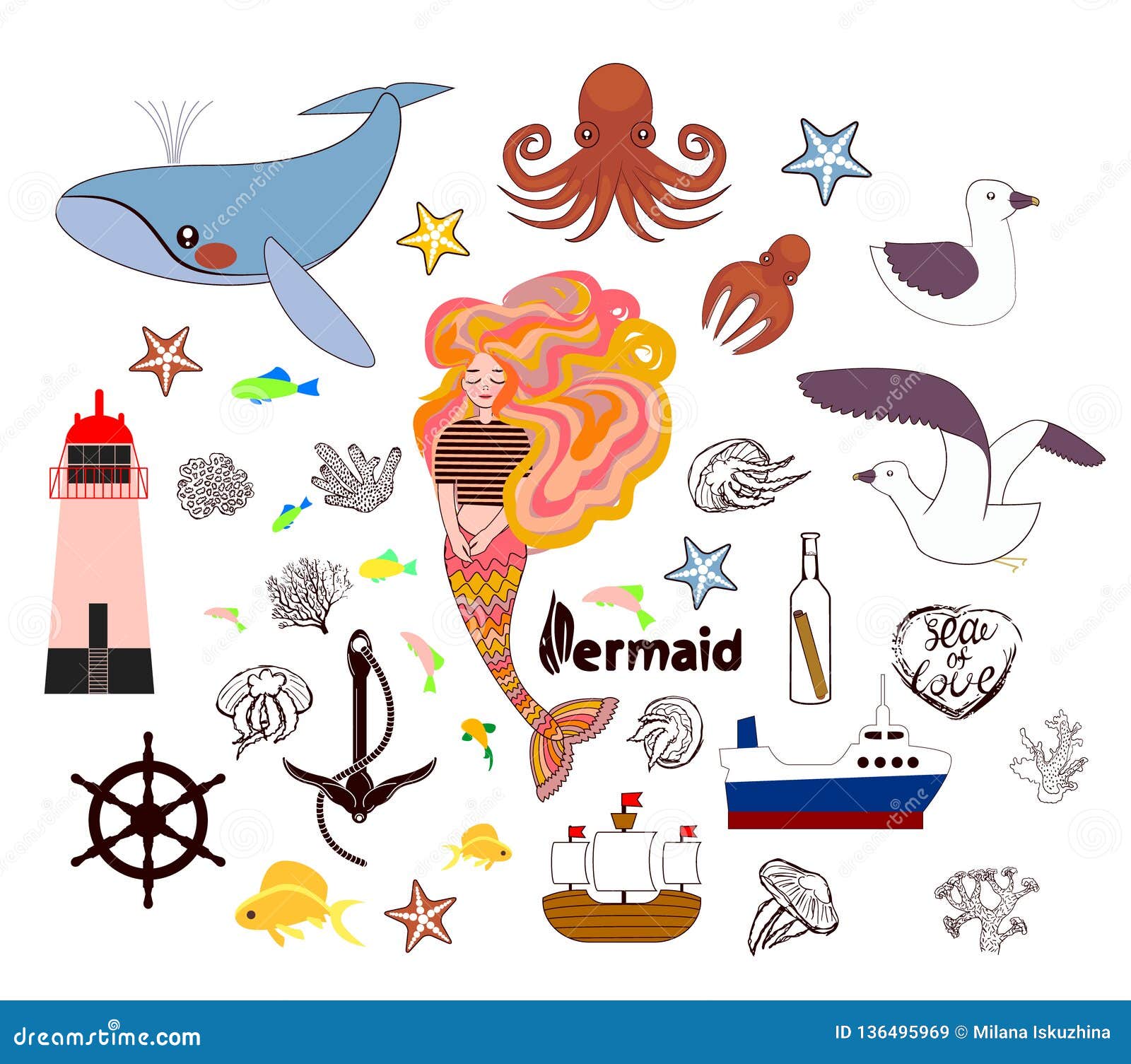 Set of Cute Nautical Elements. Vector Hand Drawn Stock Vector ...