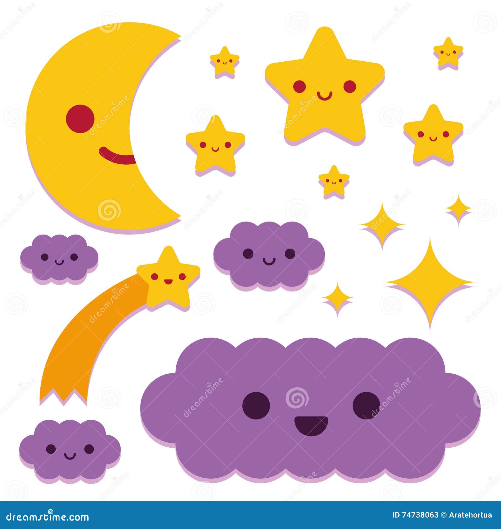 Set of Cute Night Icons Isolated on White Background Stock Illustration ...