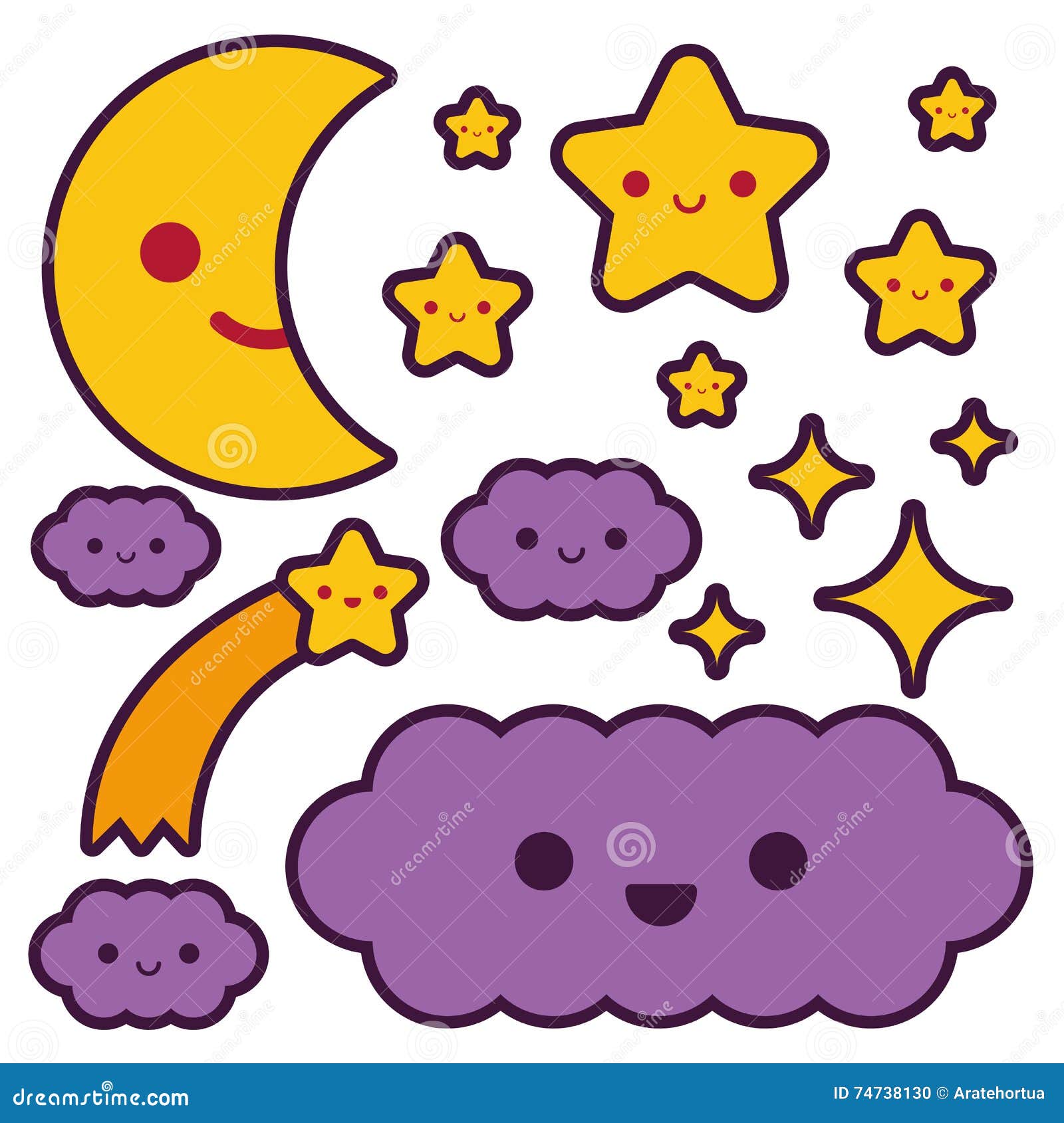 Set of Cute Night Icons Isolated on White Background Stock Illustration ...