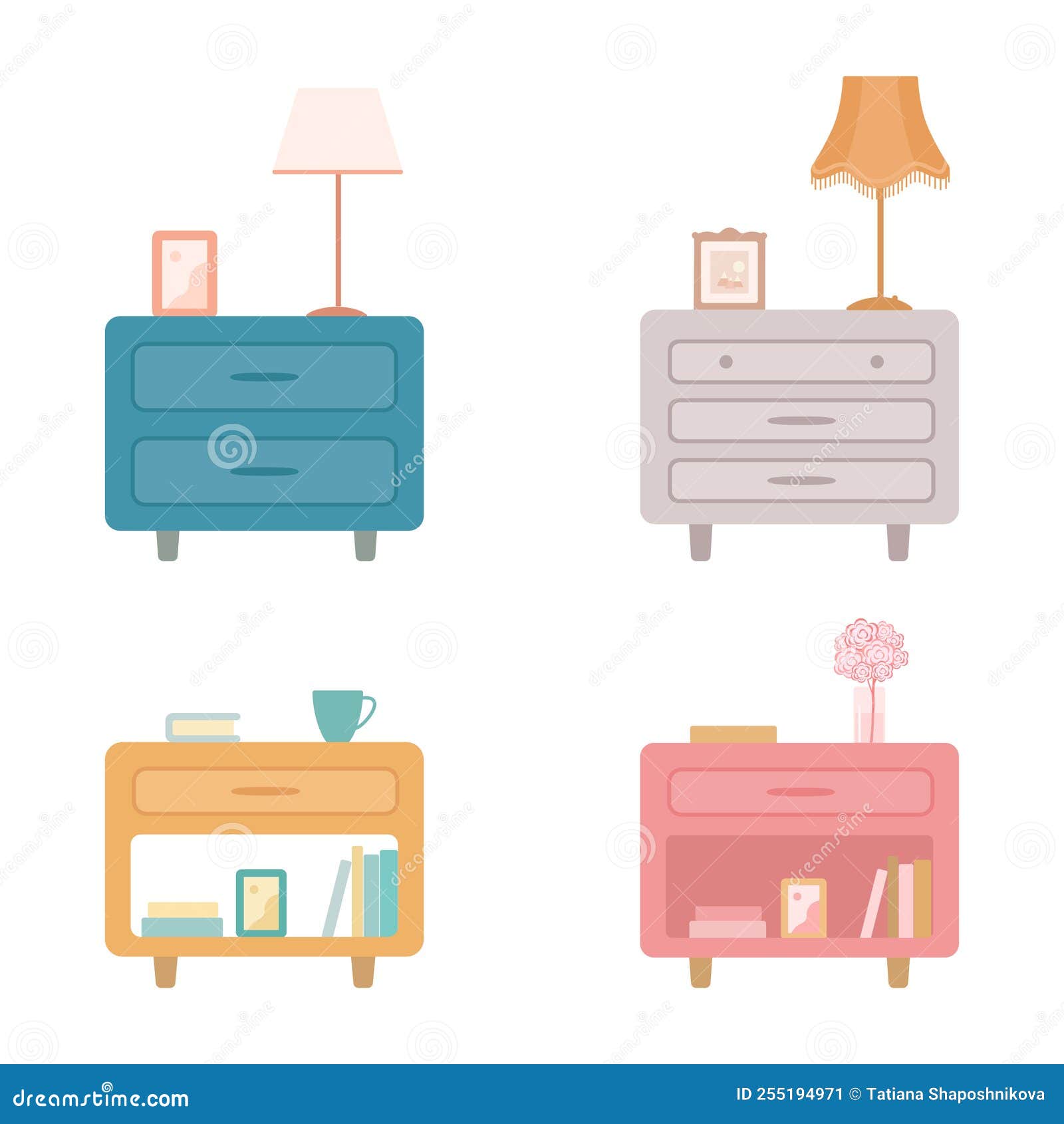Set of Cute Nightstands in Interior. Cartoon Flat Style Stock Vector ...