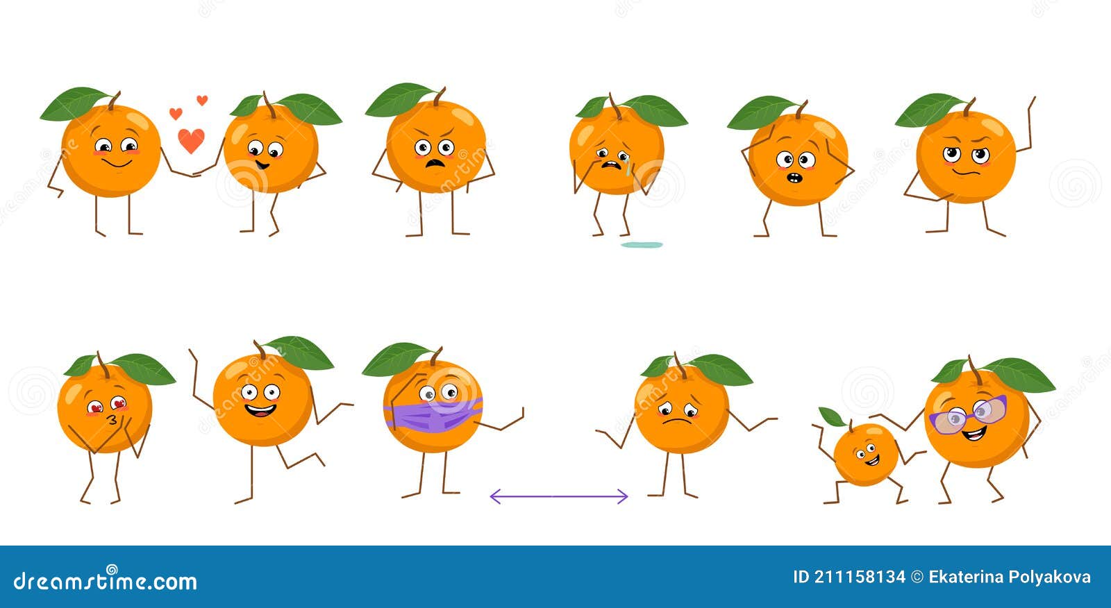 Set of Cute Oranges Characters with Different Emotions Stock Vector ...