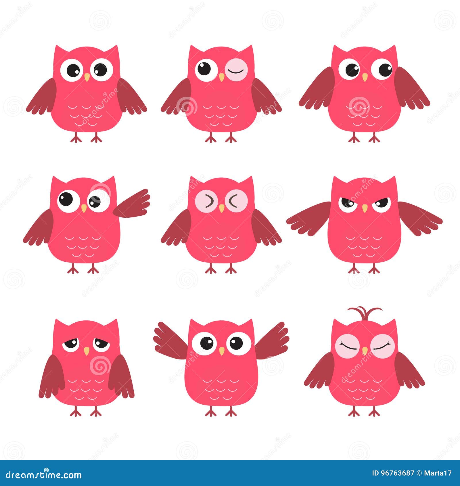 Set of Cute Pink Owls with Various Emotions Stock Vector - Illustration ...