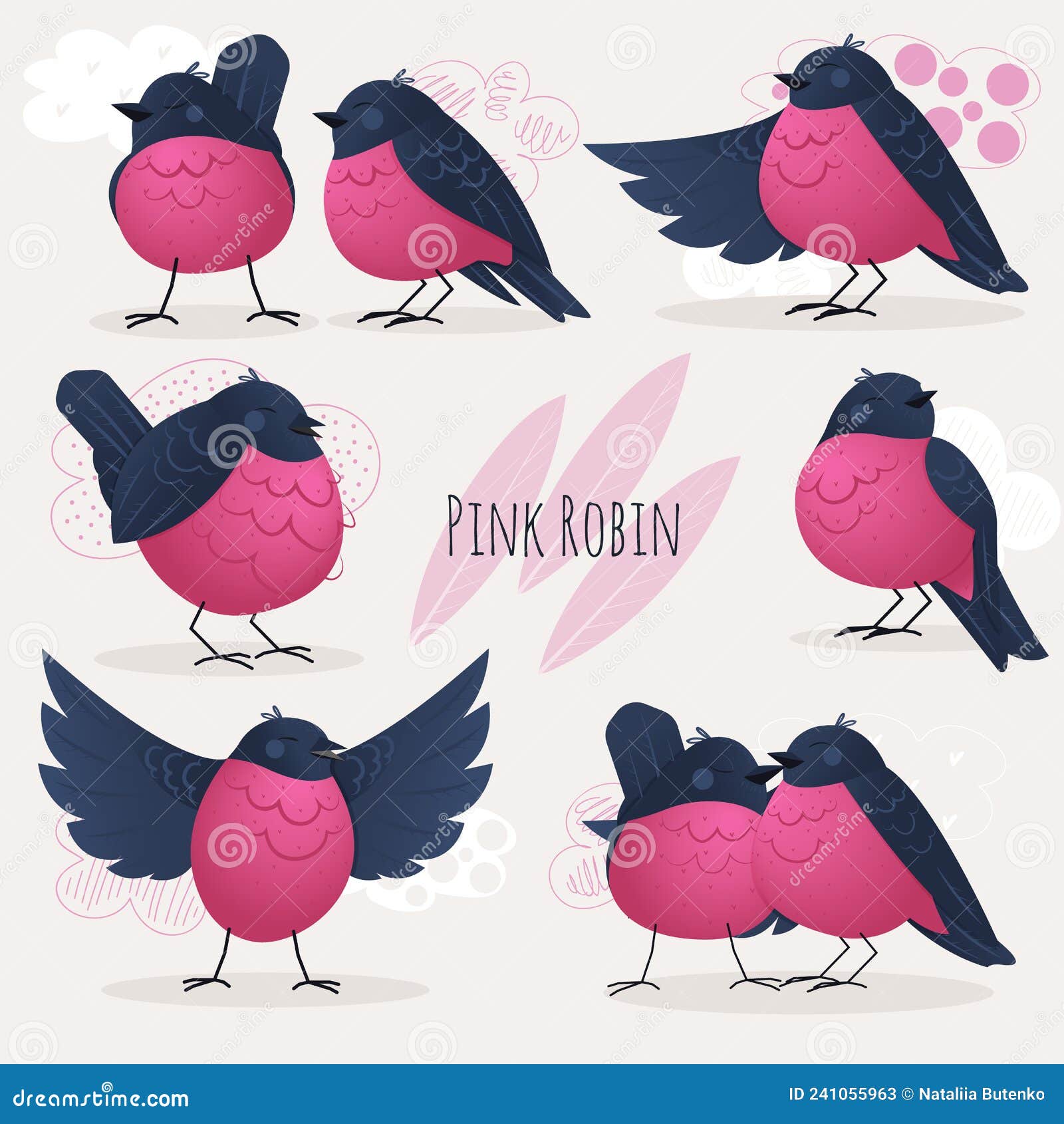 A Set of Cute Pink Robin Birds Stock Vector - Illustration of feather ...