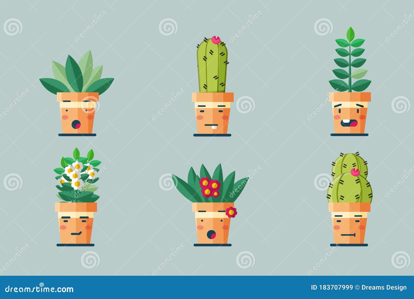 Set of Cute Plants in Potted Kawaii Characters Stock Vector ...