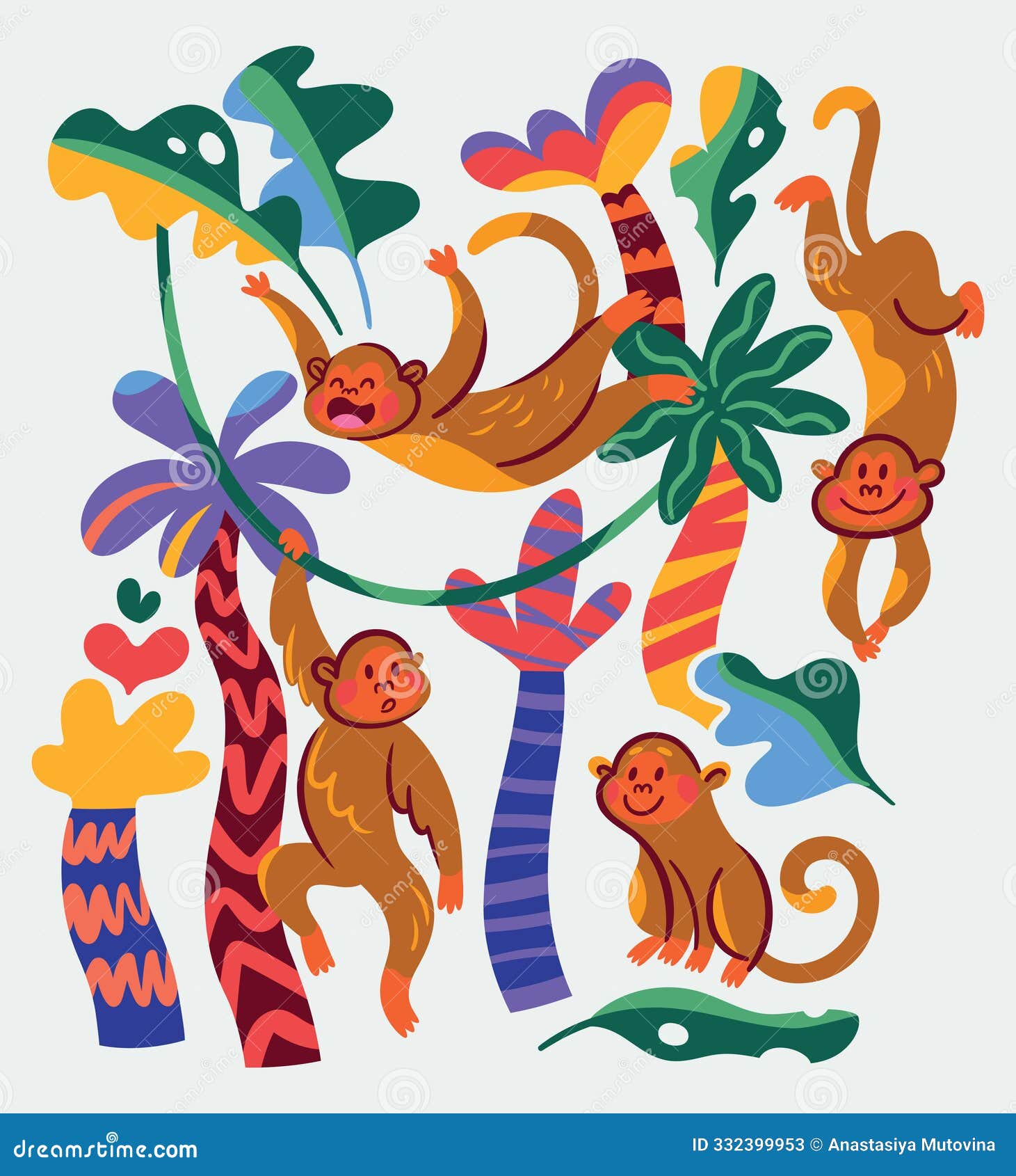 Set of Cute Playful Brown Monkeys in the Jungle Stock Illustration ...