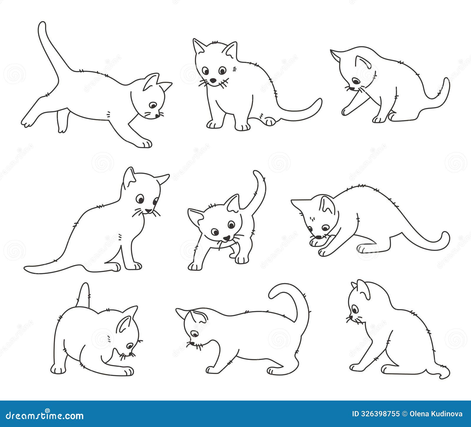 Set of Cute Playing Kittens. Line Art Stock Illustration - Illustration ...