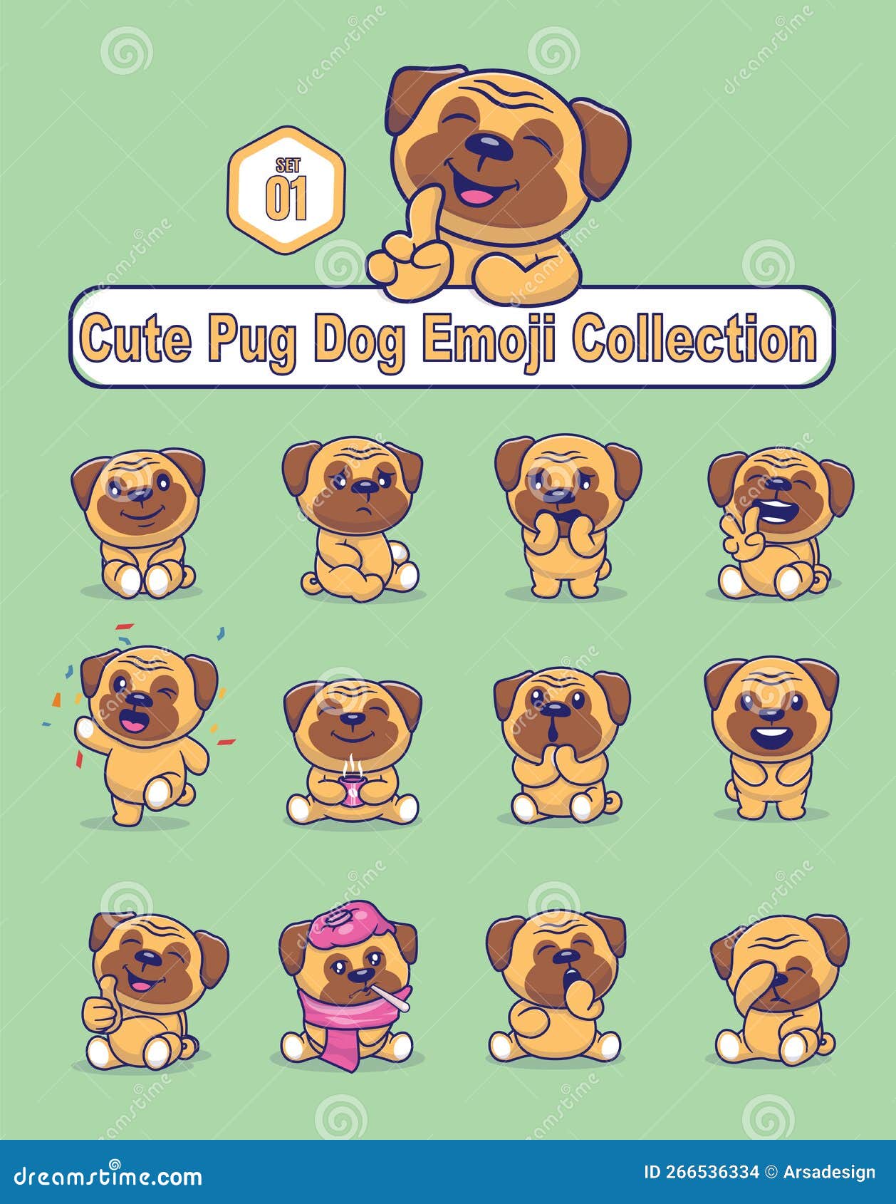 Set of Cute Pug Dog Characters with Different Emoticons Stock Vector ...
