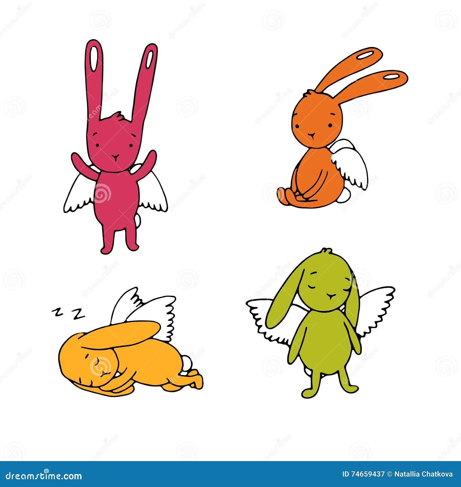 Set of Cute Rabbits with Wings. Stock Vector - Illustration of detail ...
