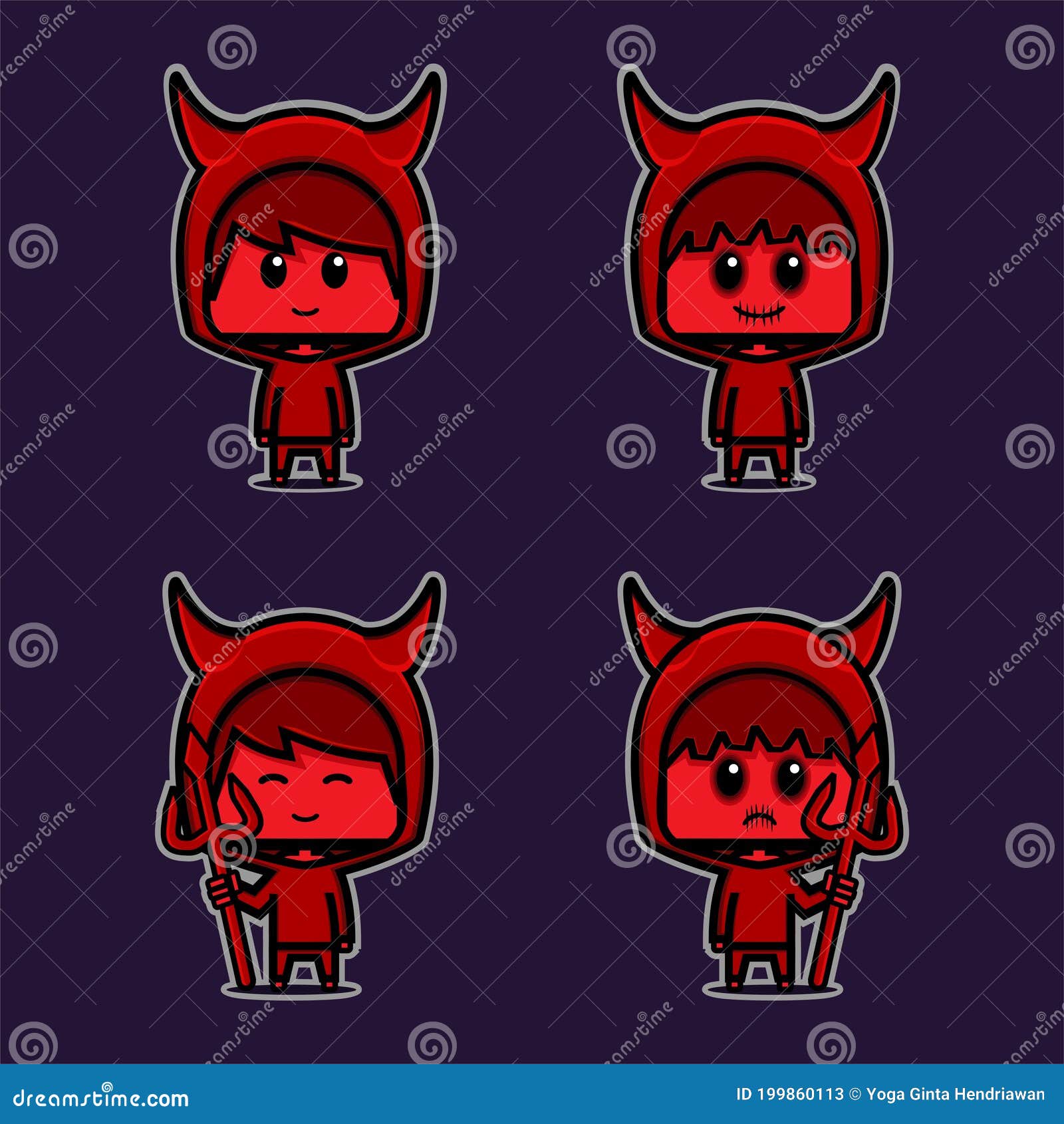 Set of Cute Red Devil Cartoon Design. Cute Demon Character Stock Vector ...