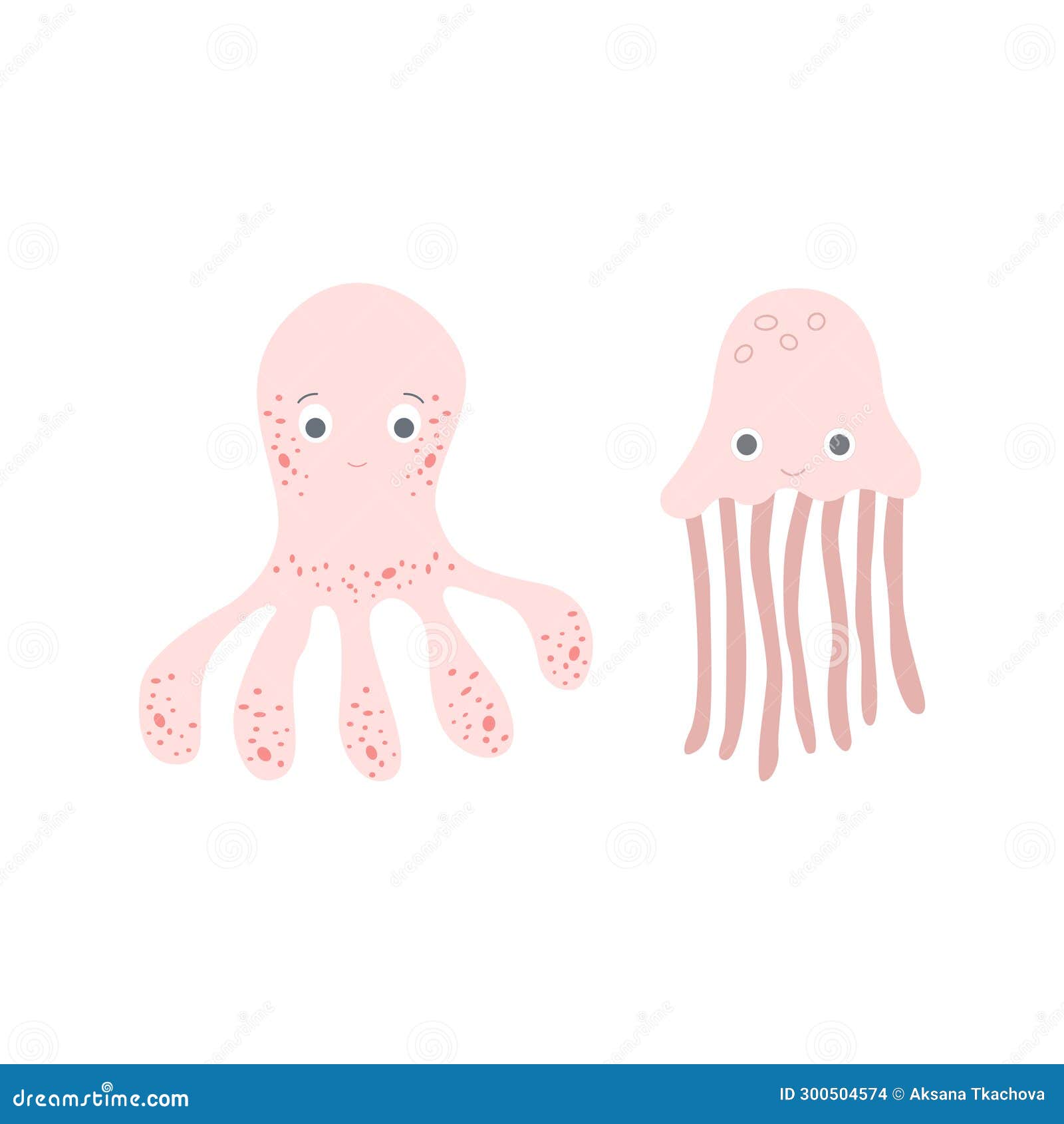 A Set of Cute Sea Animals Jellyfish and Octopus. Vector Illustration ...