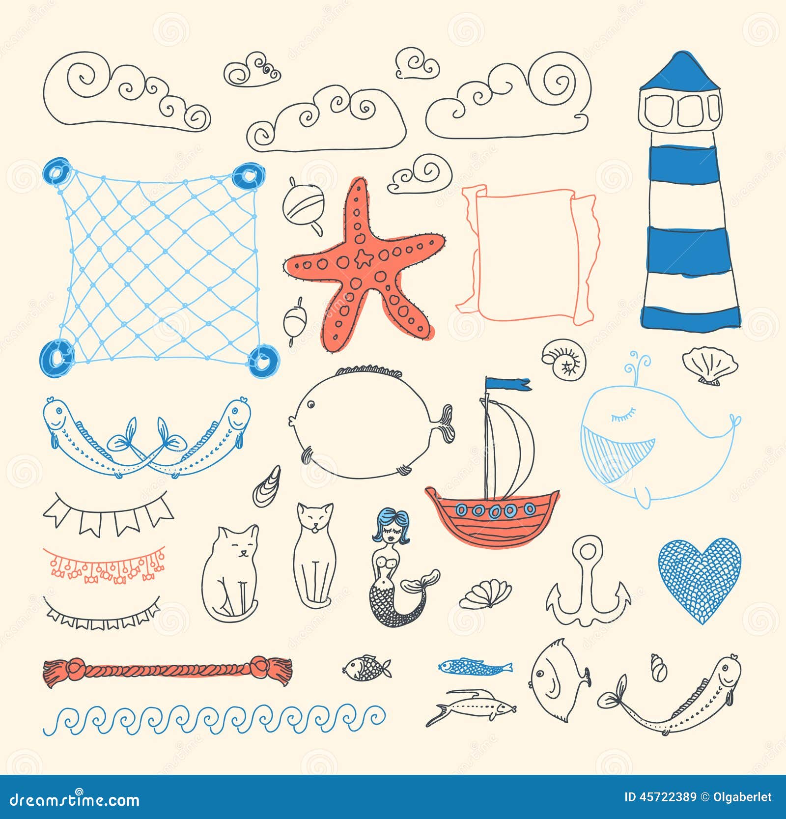 Set Cute Sea Objects Collection. Stock Vector - Illustration of boat ...