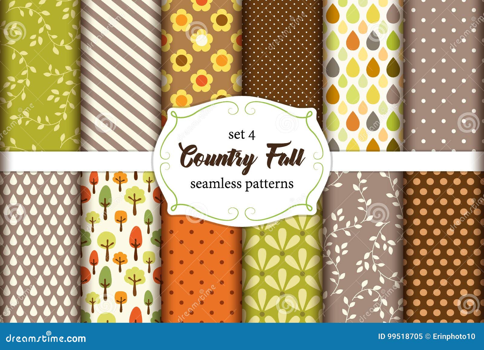 Set of 12 Cute Seamless Country Fall Patterns with Primitive Ornaments ...