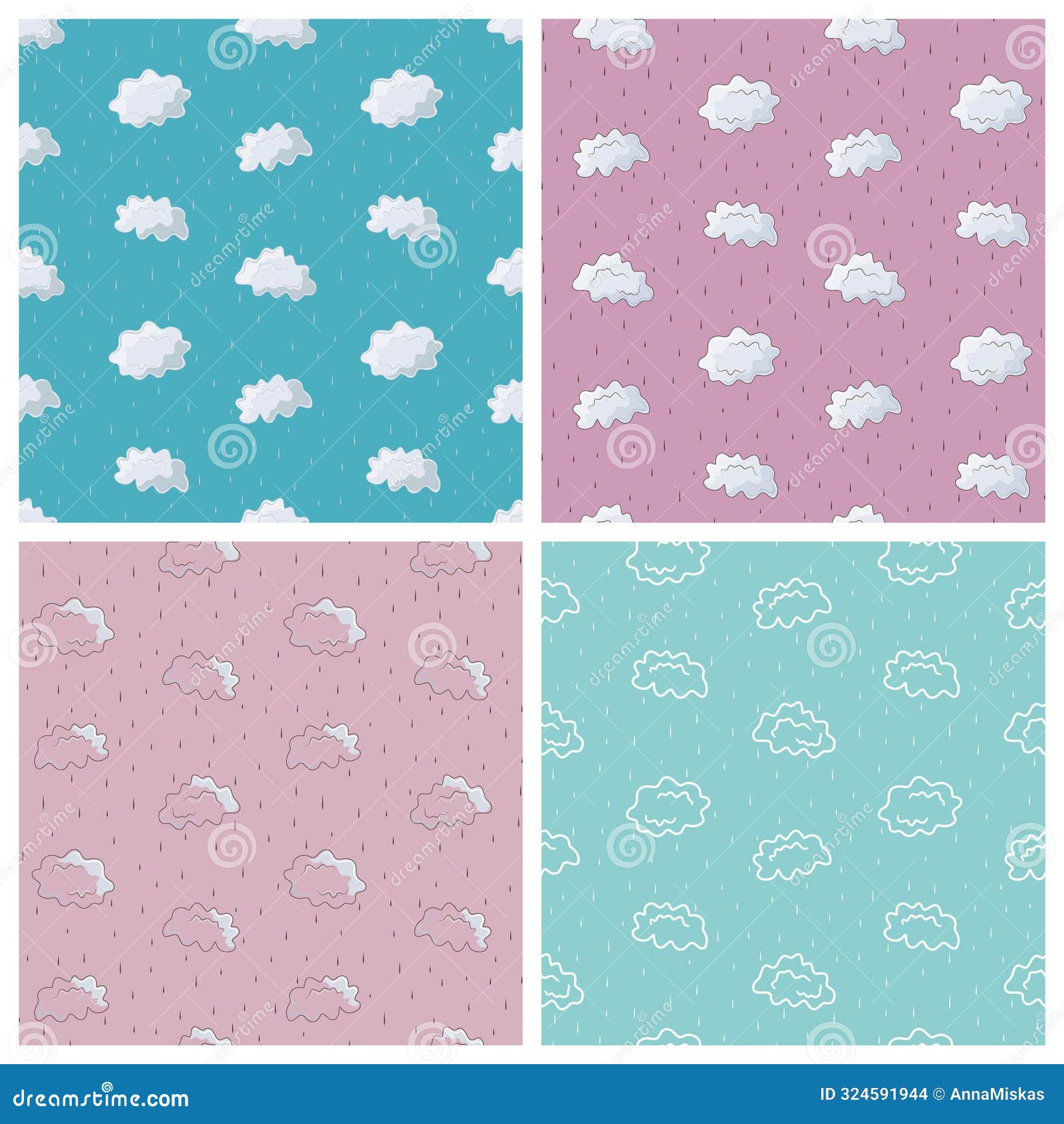 Set of Cute Seamless Patterns with Clouds and Rain, Rainy Weather ...