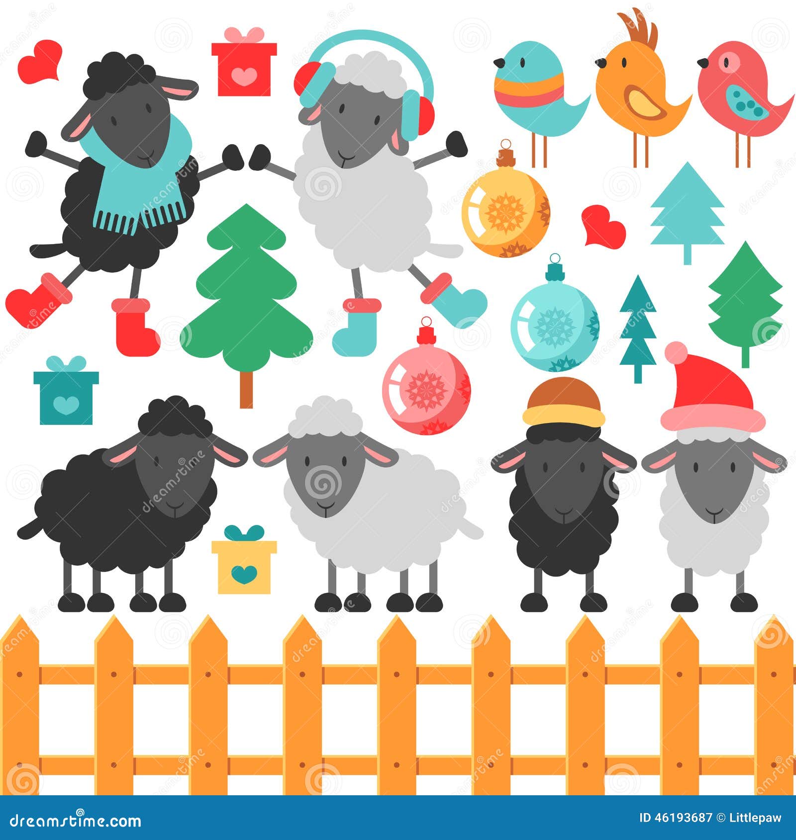 Set of Cute Sheep and Christmas Elements Stock Vector - Illustration of ...