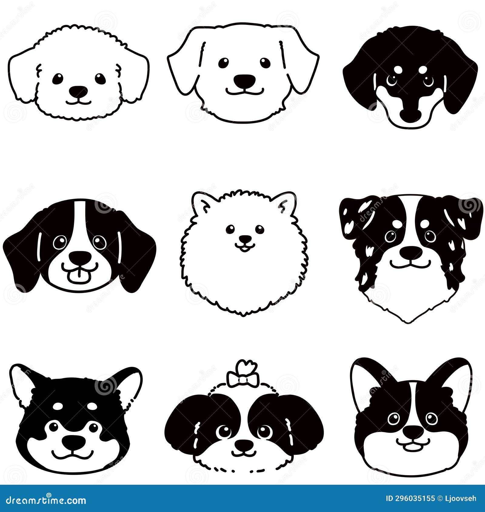 Set of Cute and Simple Dog Head Illustrations with only Outlines Stock ...