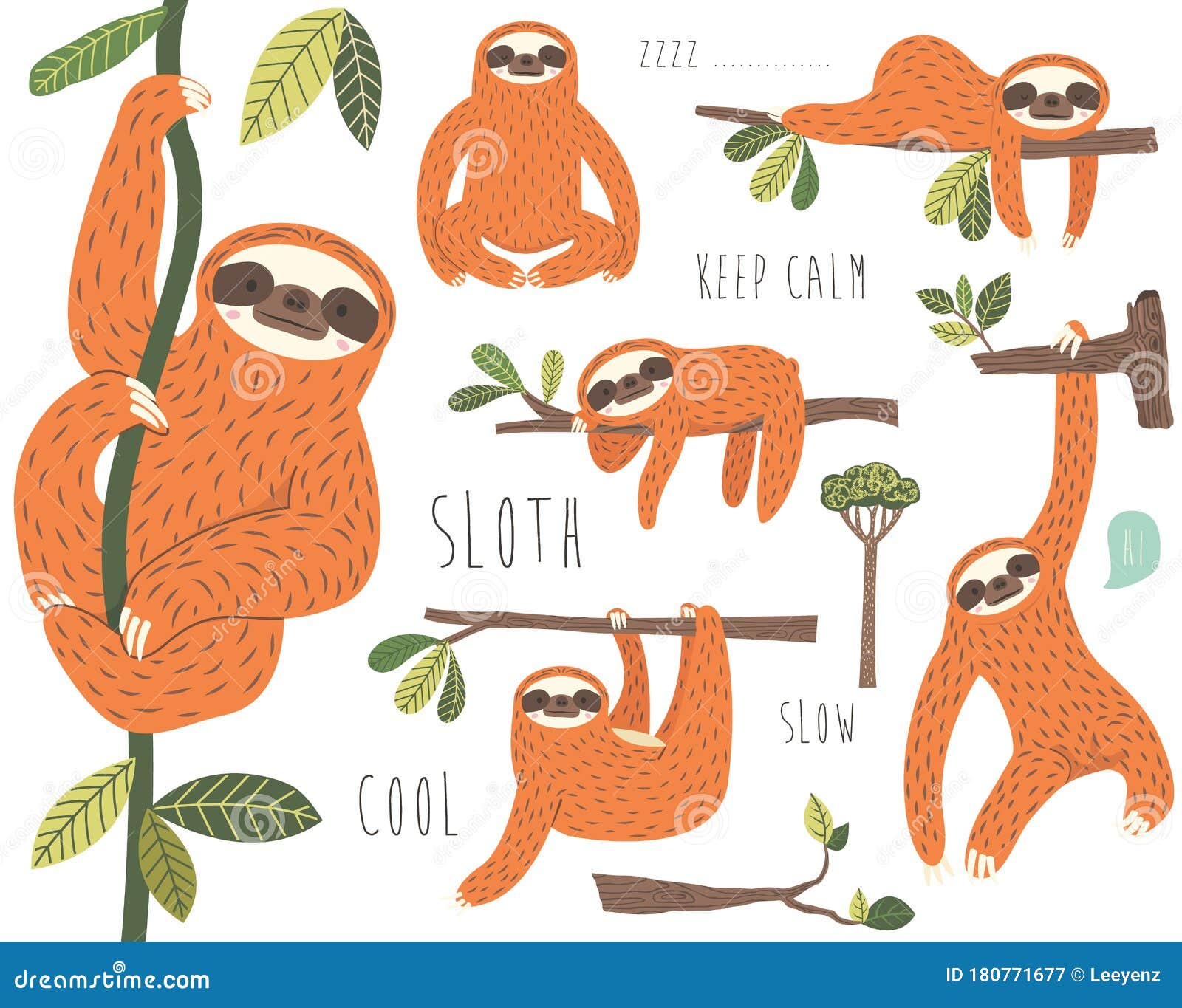 Set of Cute Sloth Hanging on Tree Collection Stock Vector ...