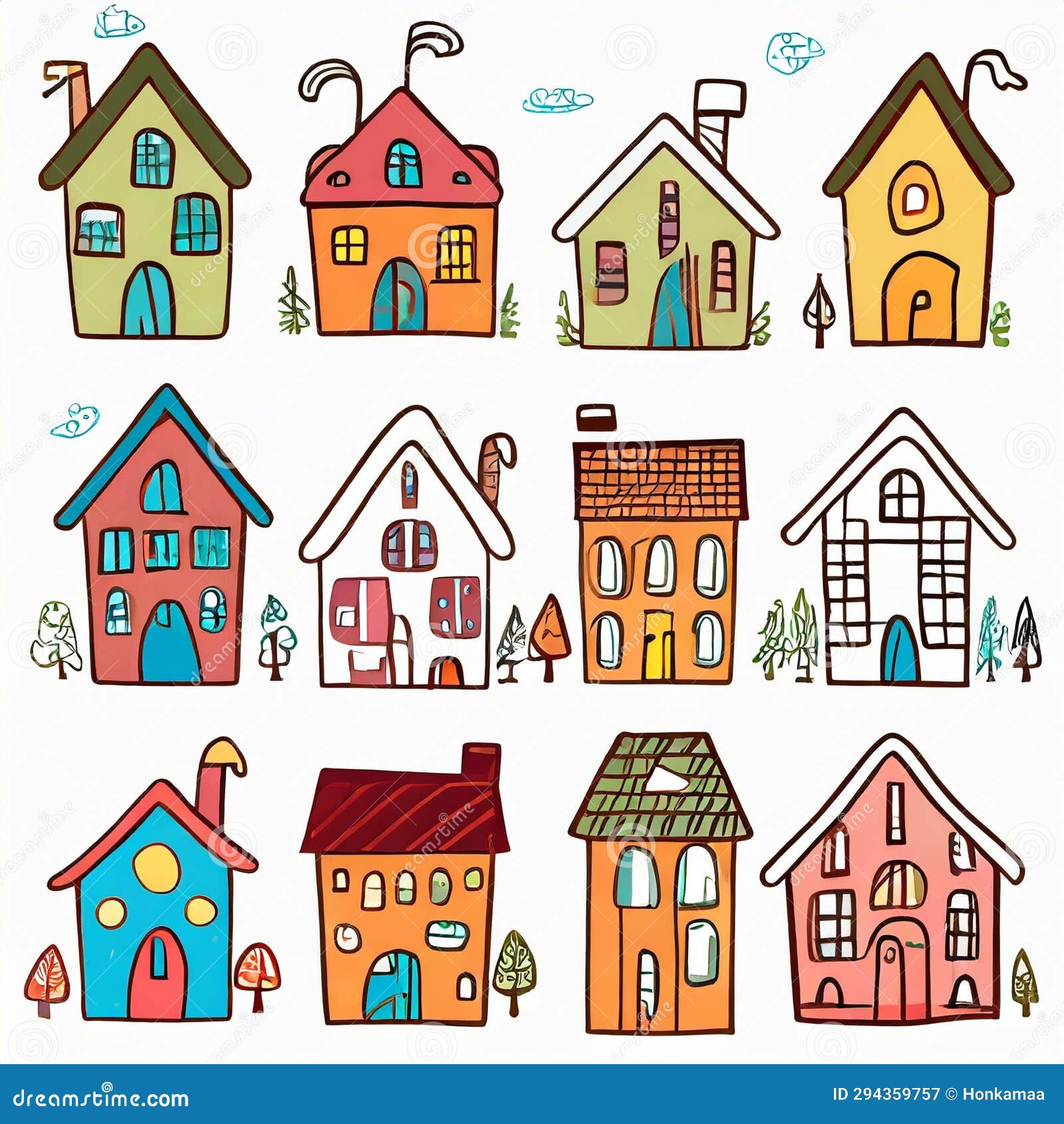 Set of Cute Small Cartoon Houses Stock Illustration - Illustration of ...