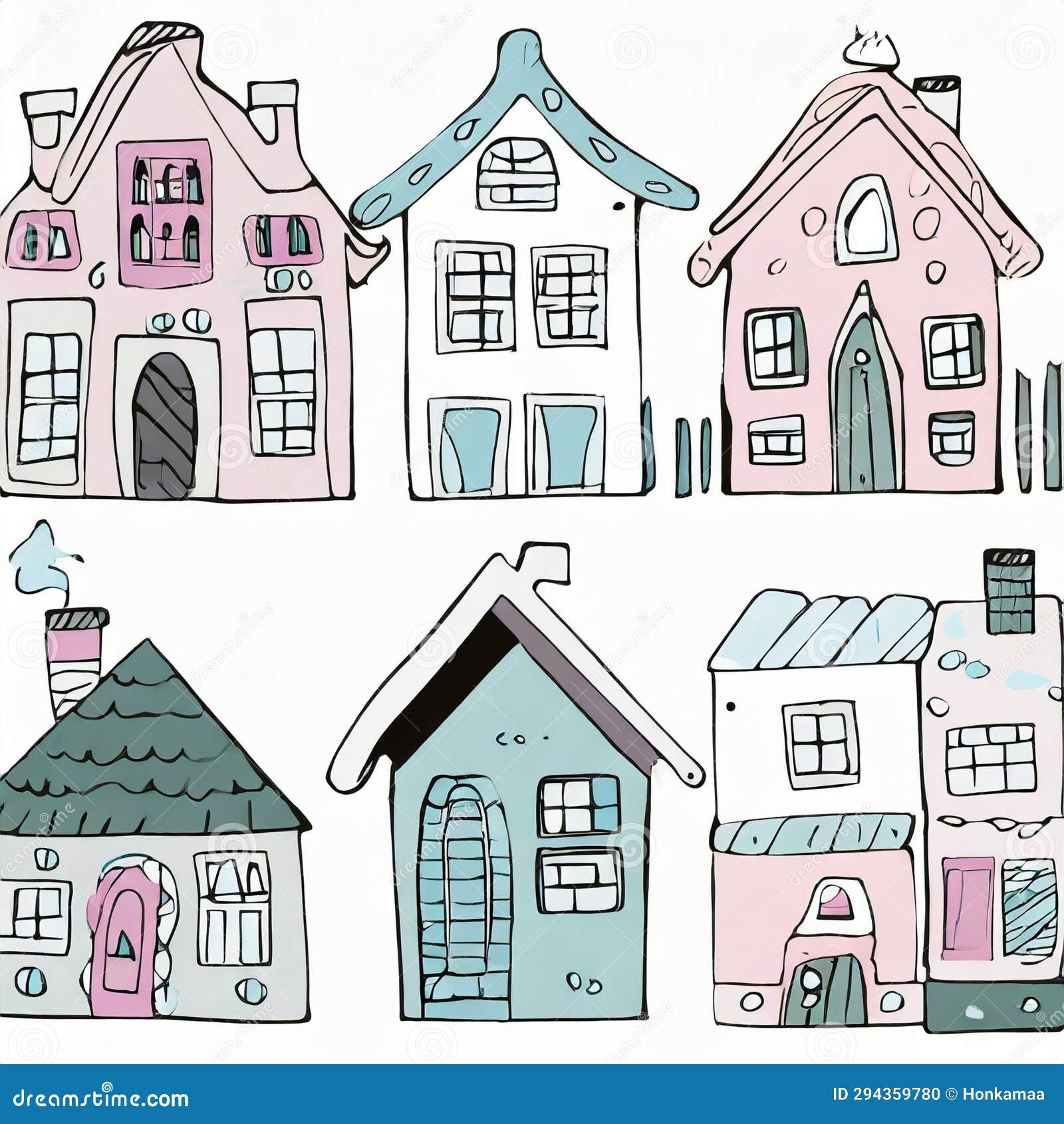 Set of Cute Small Cartoon Houses Stock Illustration - Illustration of ...