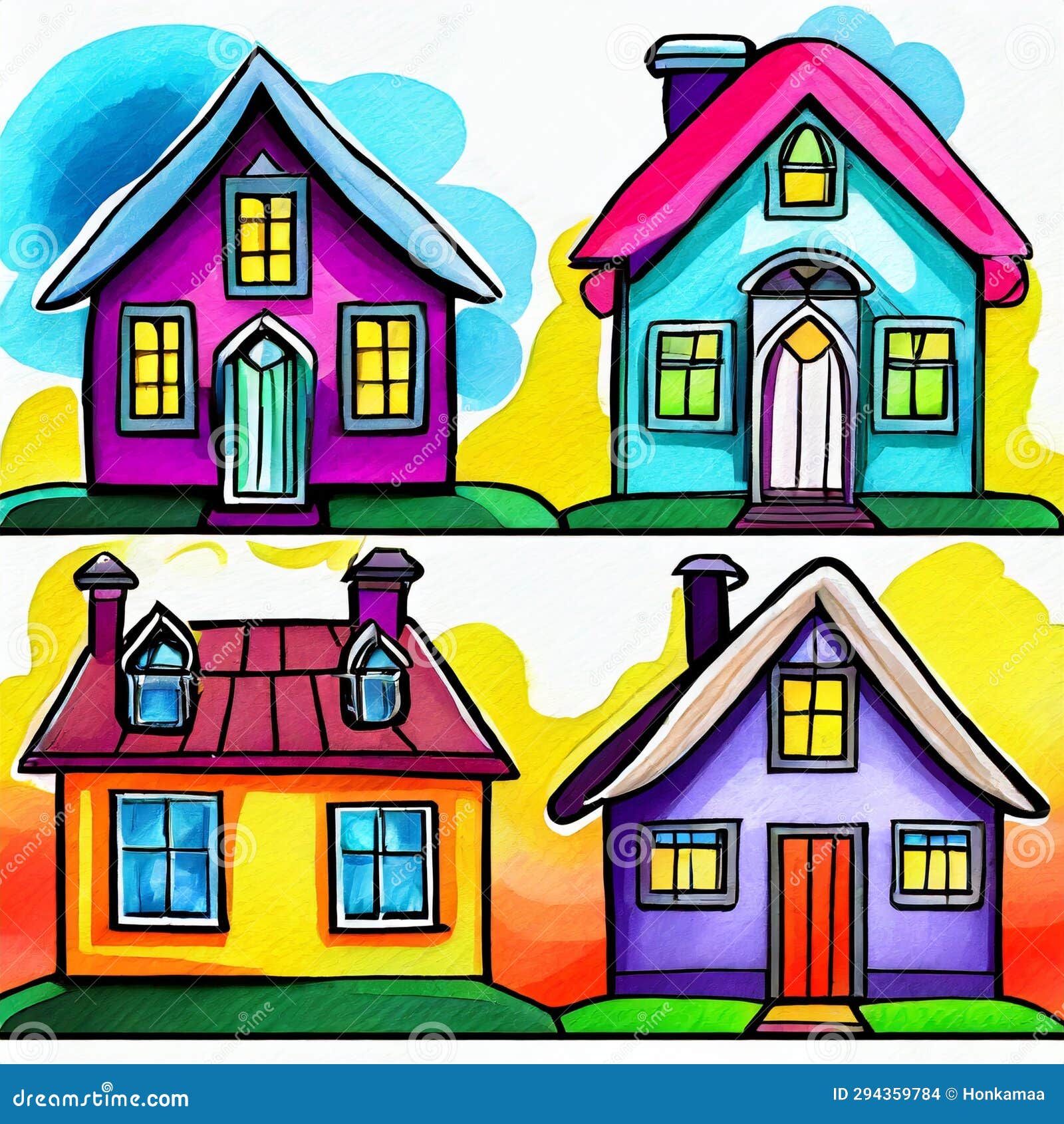 Set of Cute Small Cartoon Houses Stock Illustration - Illustration of ...