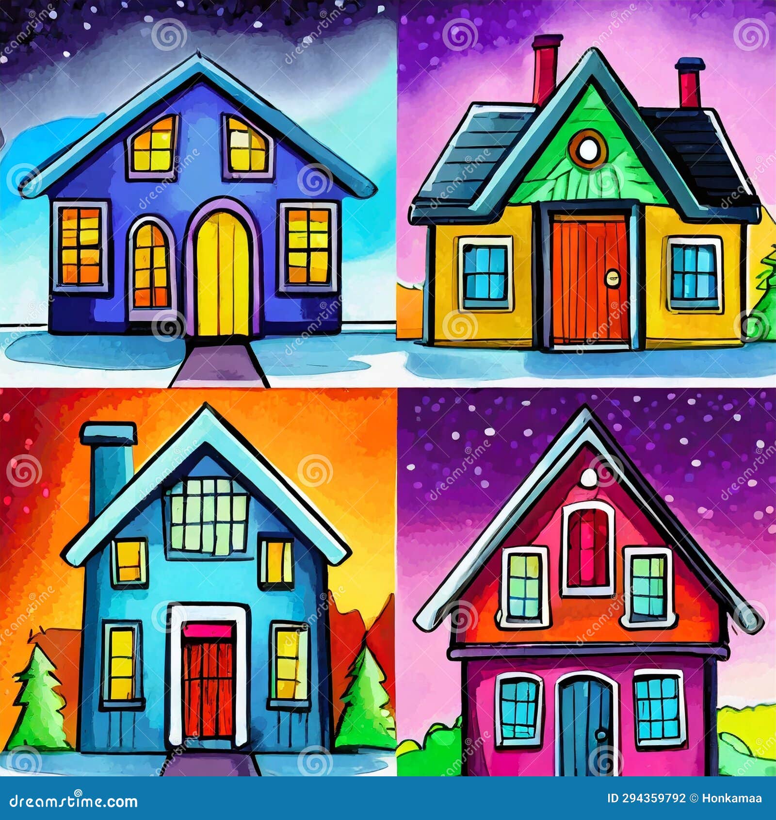Set of Cute Small Cartoon Houses Stock Illustration - Illustration of ...