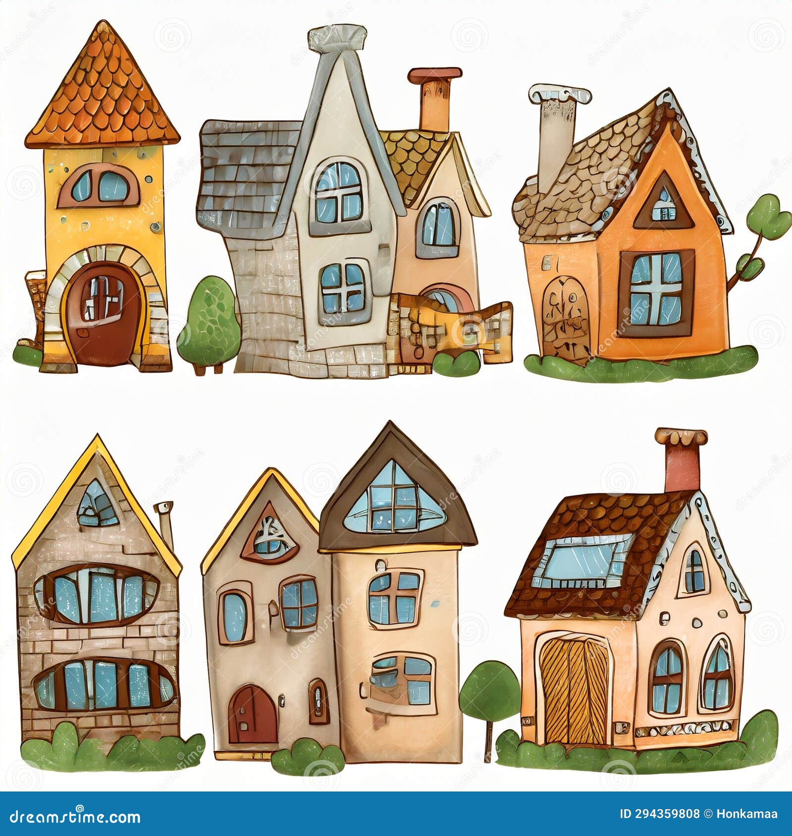 Set of Cute Small Cartoon Houses Stock Illustration - Illustration of ...