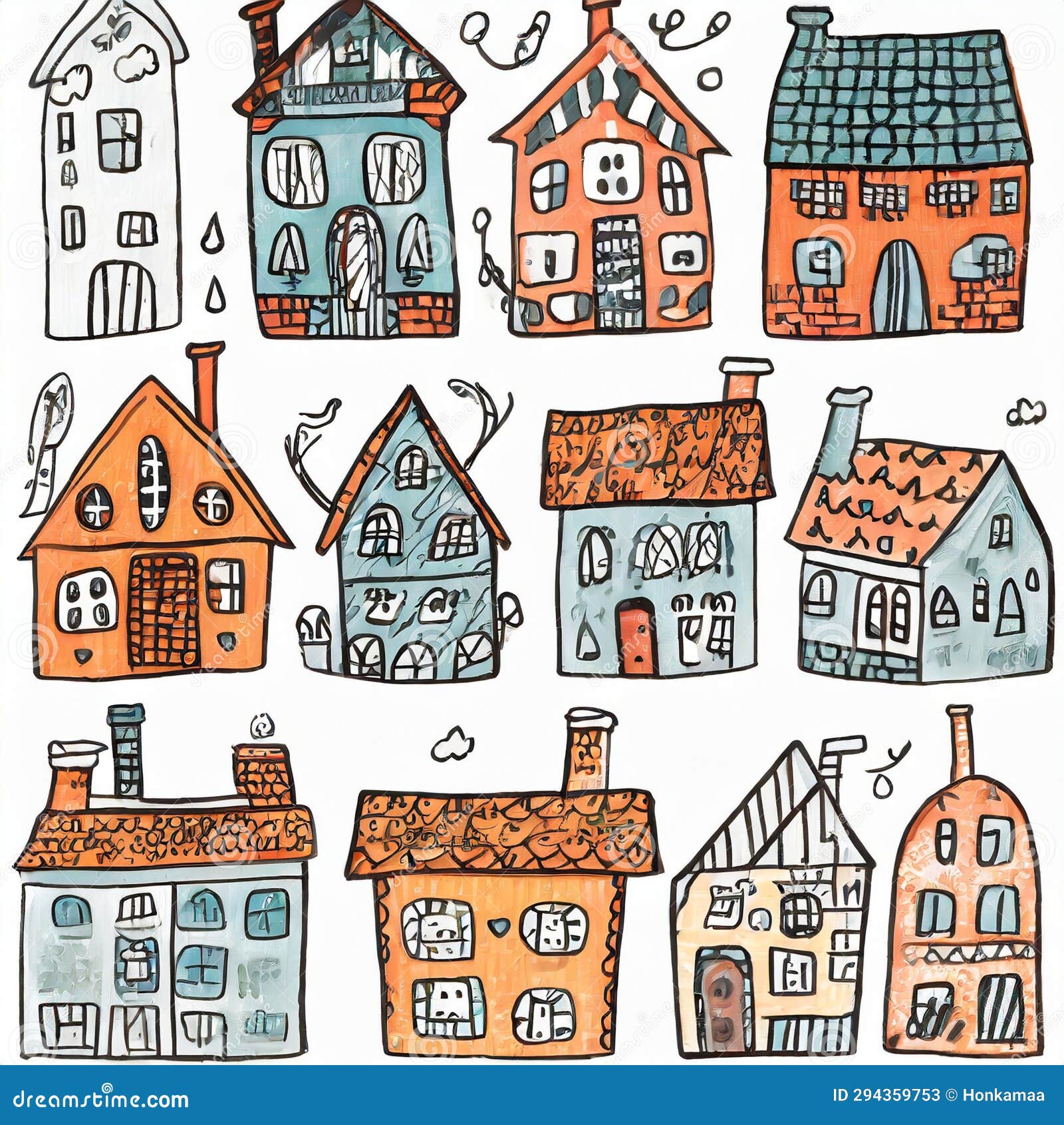 Set of Cute Small Cartoon Houses Stock Illustration - Illustration of ...