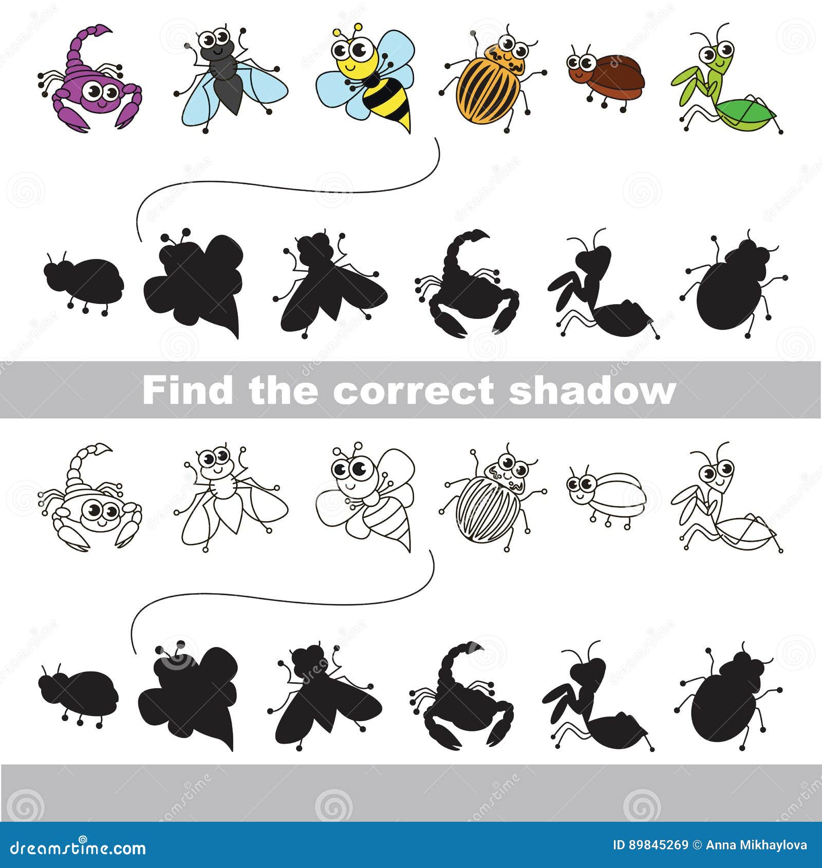 Set of Cute Small Insects. Find Correct Shadow. Stock Vector ... Set of Cute Small Insects. Find Correct Shadow. Stock Vector ...