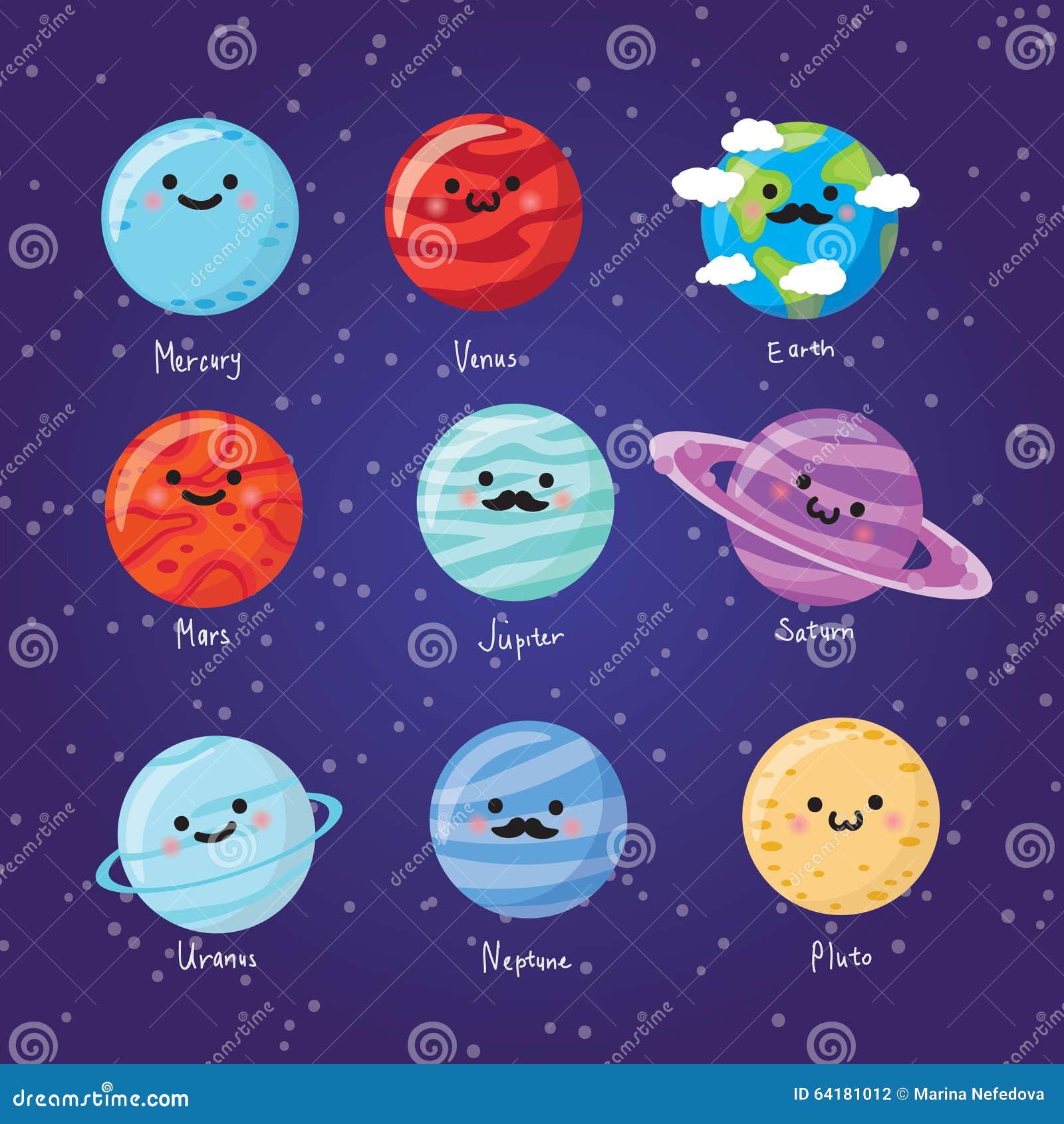 Set of Cute Smiling Planets Stock Illustration - Illustration of galaxy ...