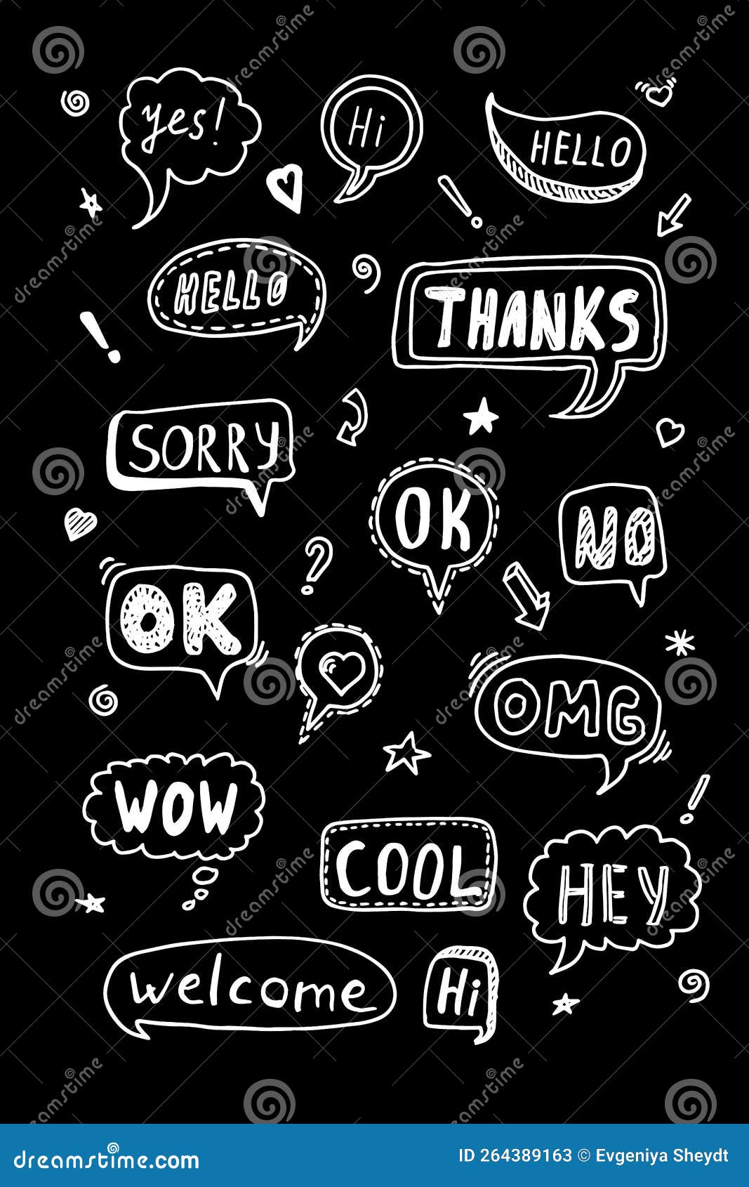 Set of Cute Speech Bubble with Text in Doodle Style Hello, Ok, Bye, Hi ...