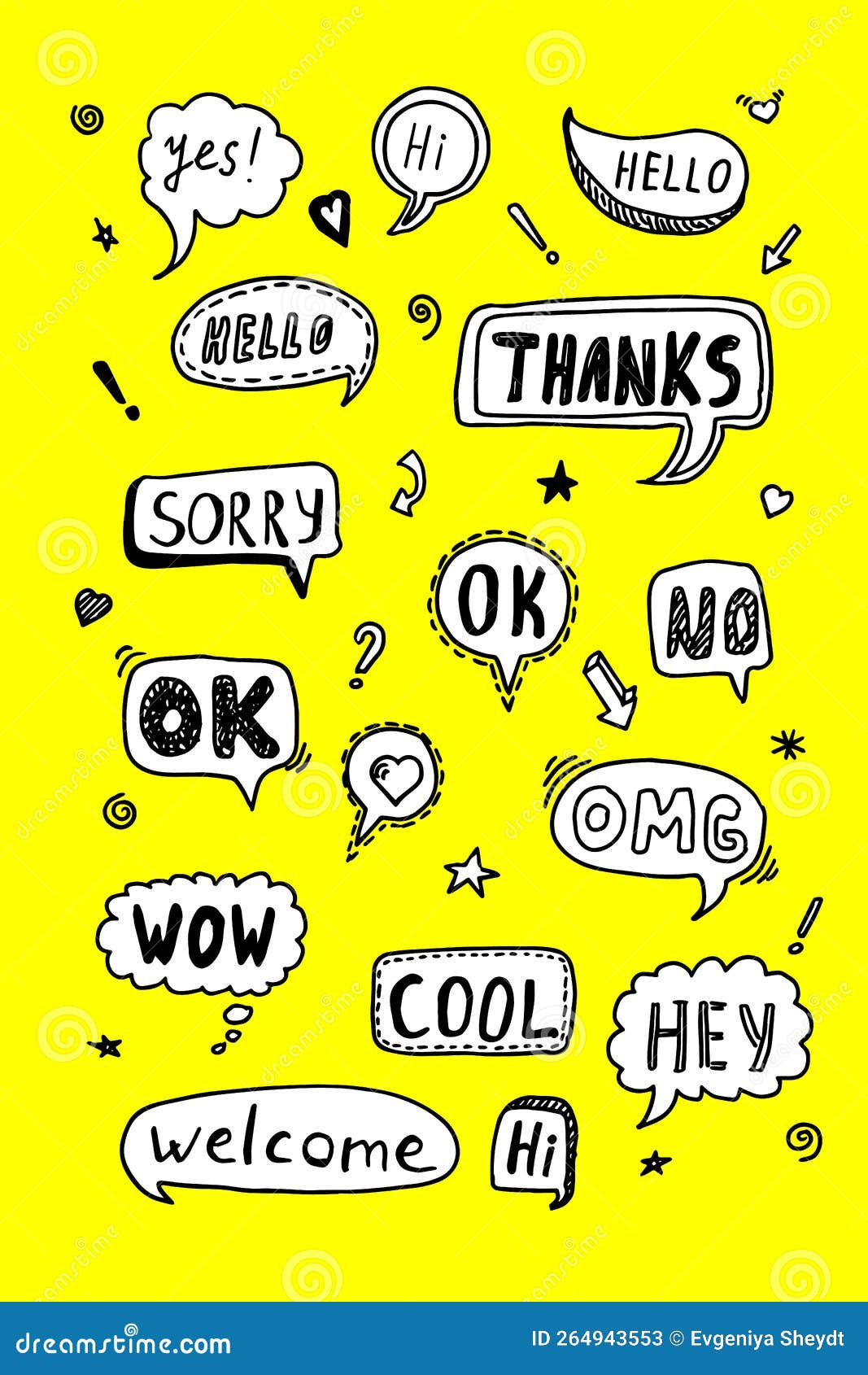 Set of Cute Speech Bubble with Text in Doodle Style Hello, Ok, Bye, Hi ...