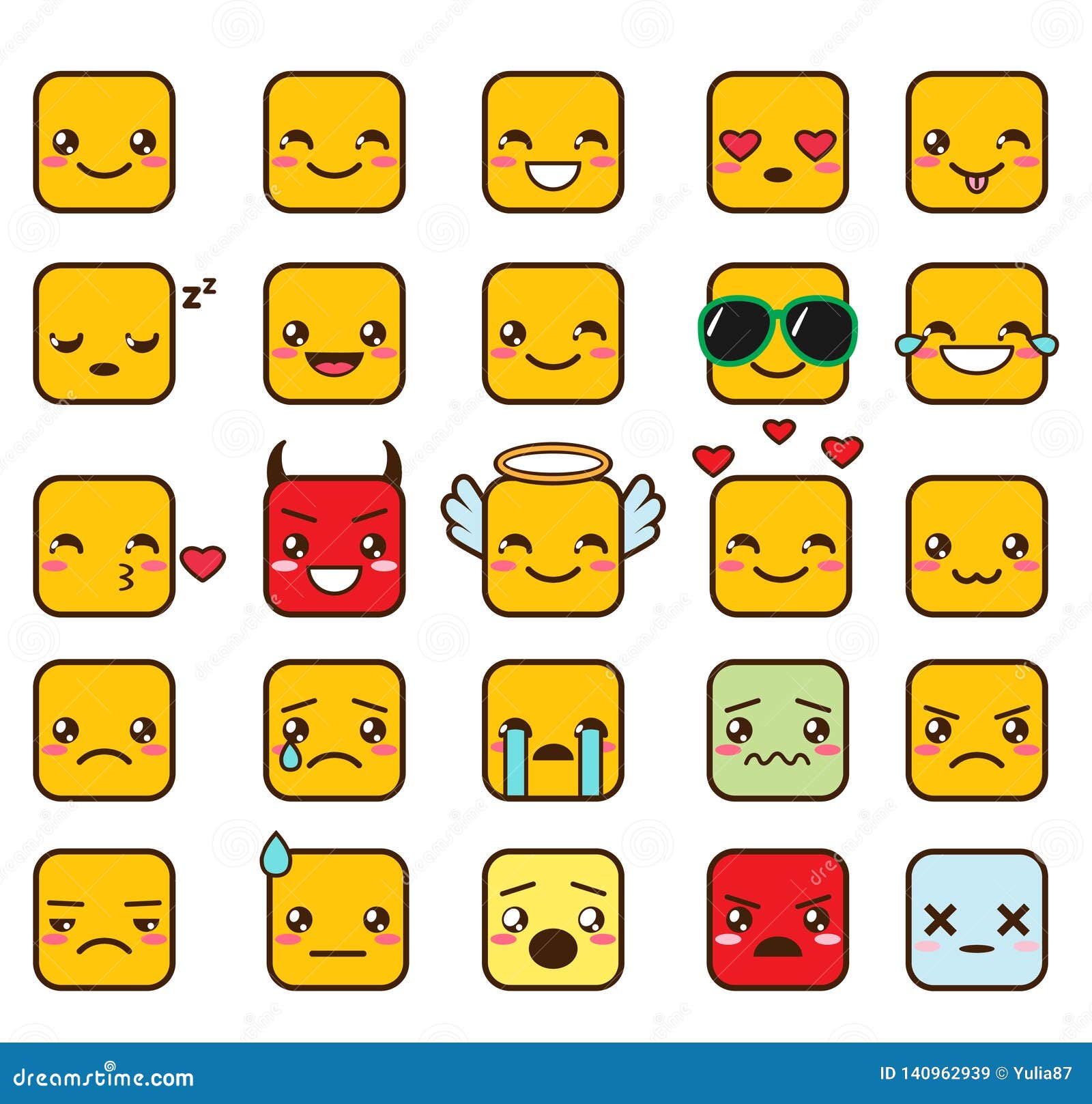 Set of Cute Square Kawaii Emojis Stock Vector - Illustration of icon ...