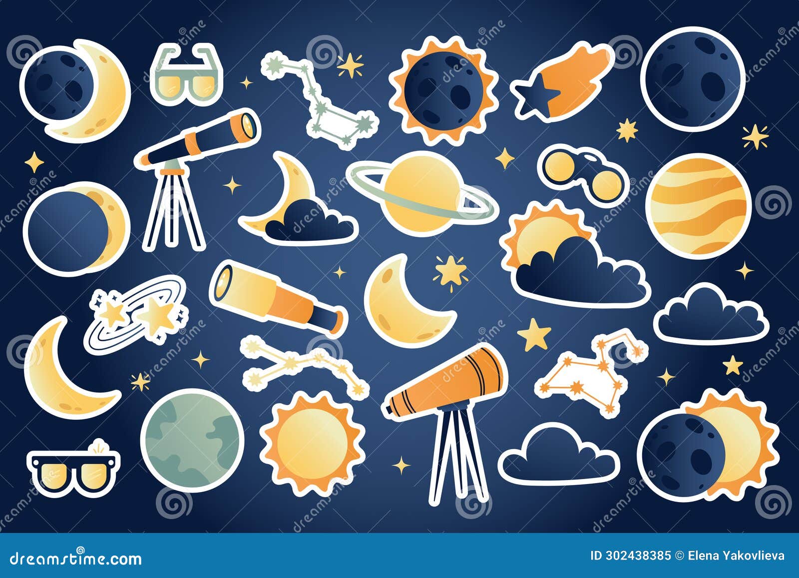 Set of Cute Stickers Solar Eclipse in Flat Cartoon Style Stock Vector ...