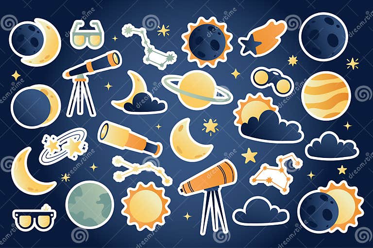 Set of Cute Stickers Solar Eclipse in Flat Cartoon Style Stock Vector ...