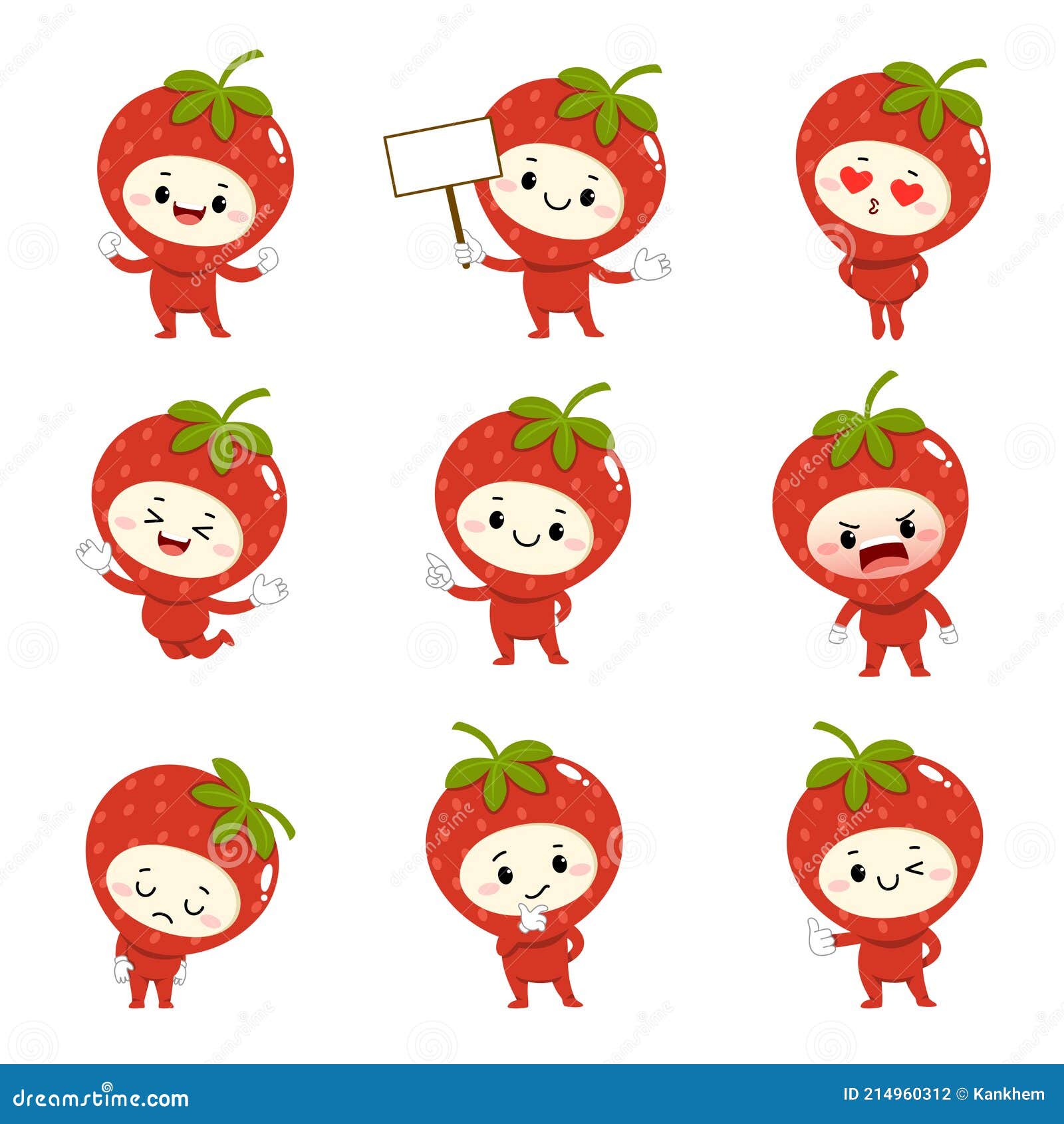 Set Of Cute Strawberry Cartoon Characters With Various Activities And ...