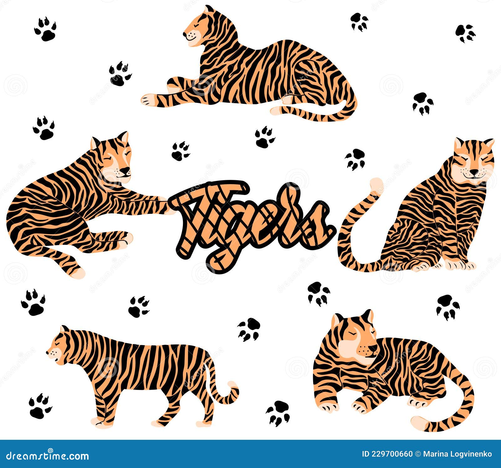 Set of Cute Tigers. Hand-drawn Animals Stock Vector - Illustration of ...