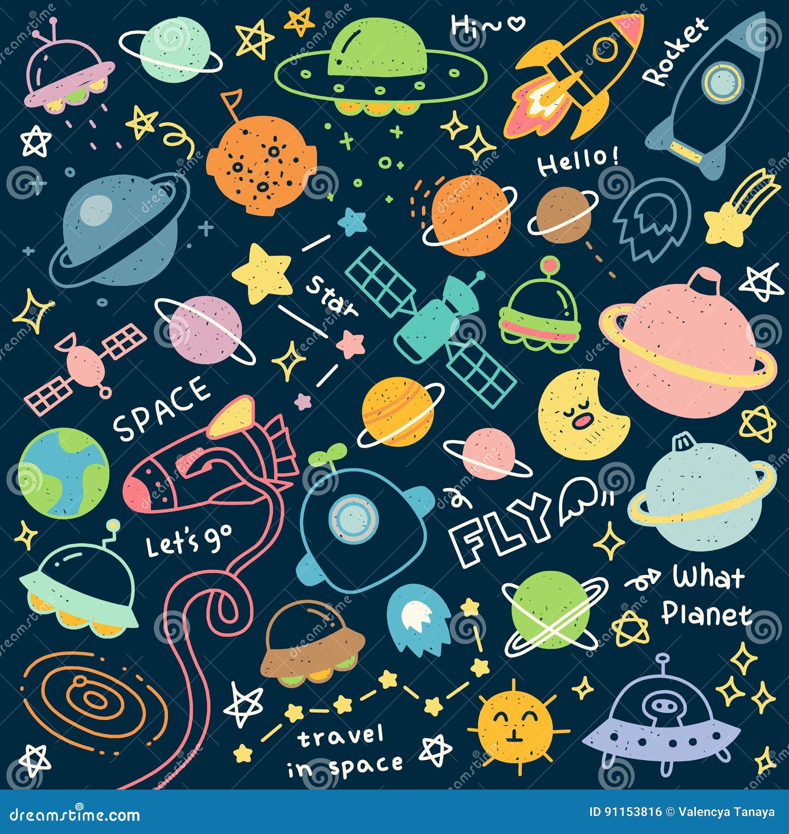 Set of Cute Travel in Space Doodle Stock Vector - Illustration of ...