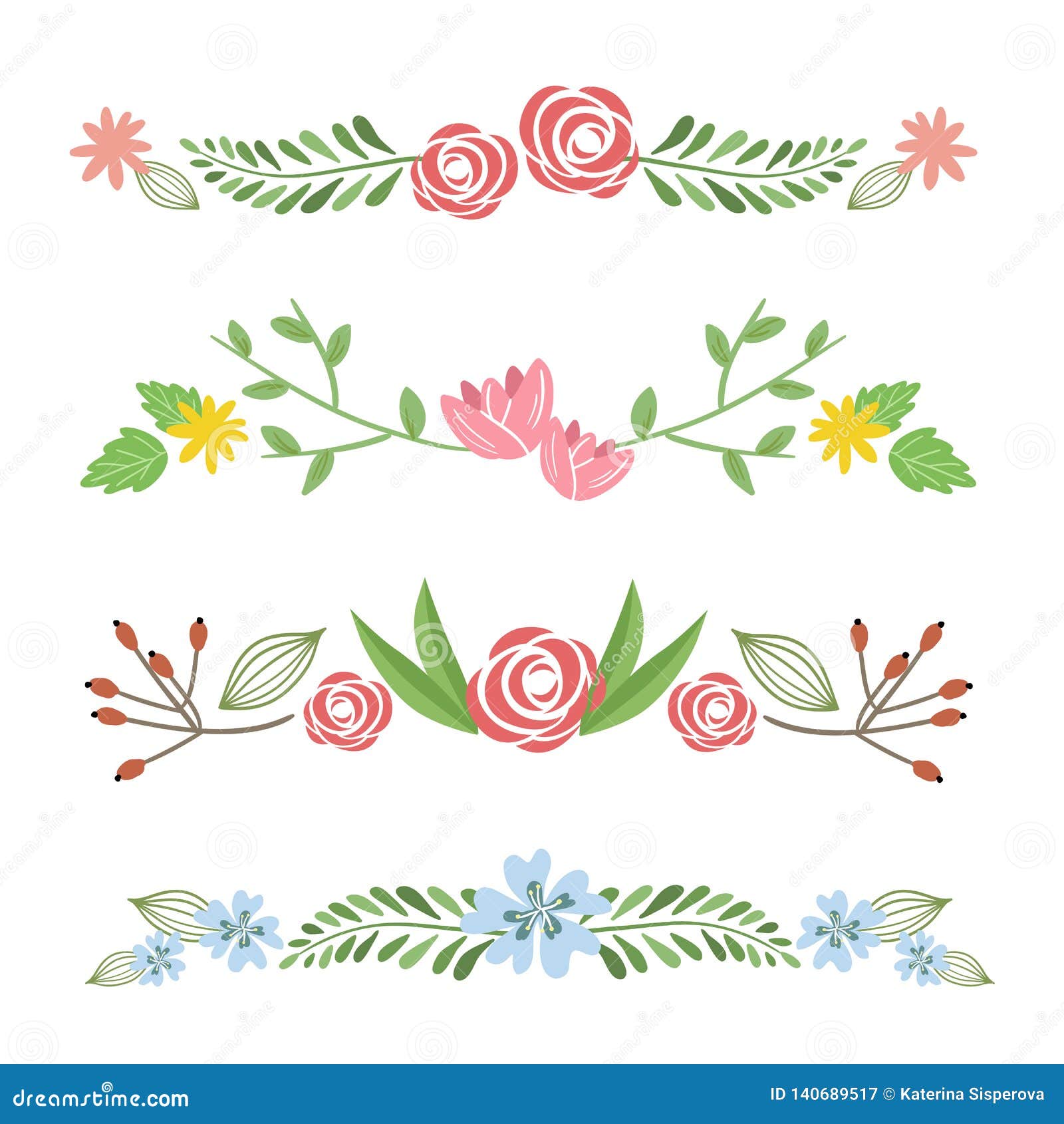 Set of Cute Vector Floral Borders or Frame Elements Isolated on White ...