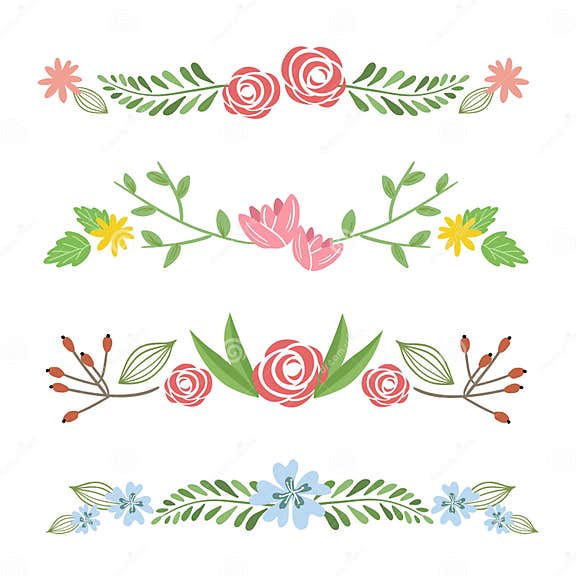 Set of Cute Vector Floral Borders or Frame Elements Isolated on White ...