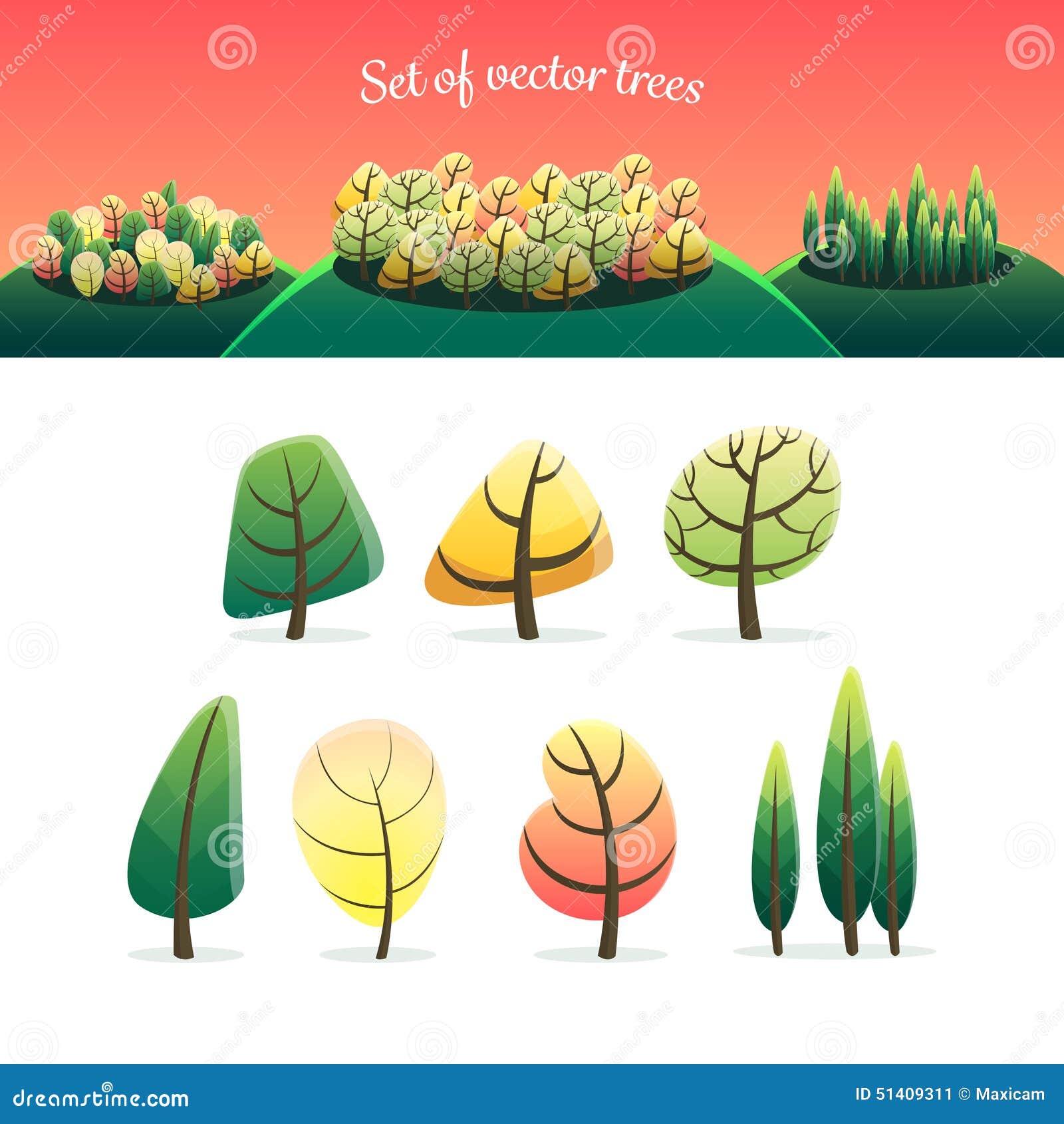 Set of cute vector trees stock vector. Illustration of bush - 51409311