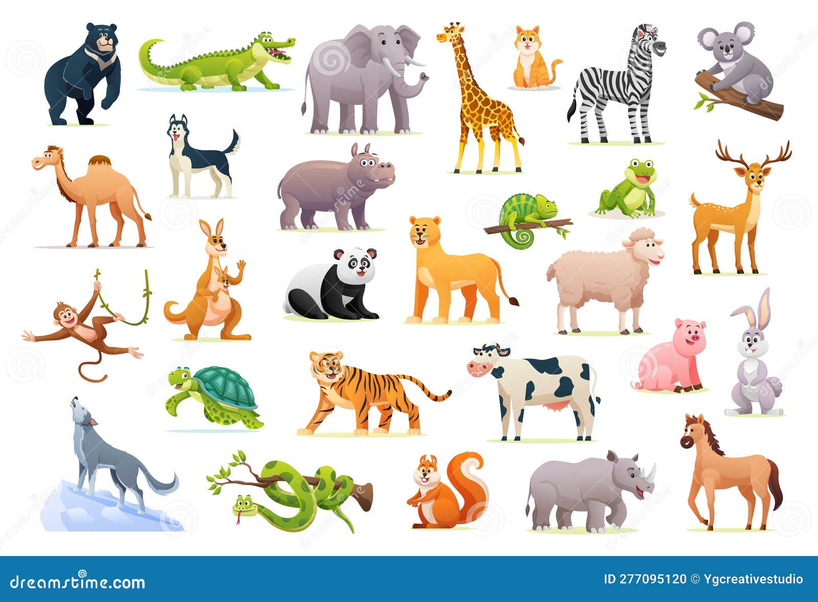 Set of Cute Wild Animals in Cartoon Style Stock Vector - Illustration ...