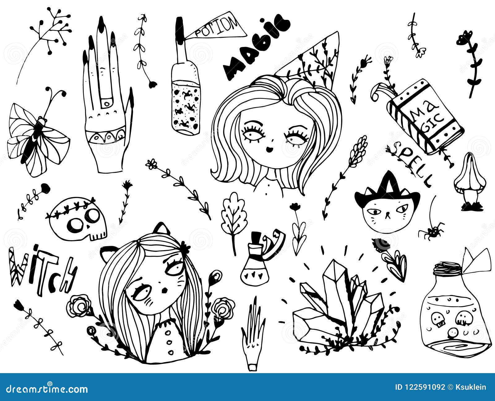 Set of Cute Witch, Magical and Halloween Elements. Hand Drawn Sketch ...