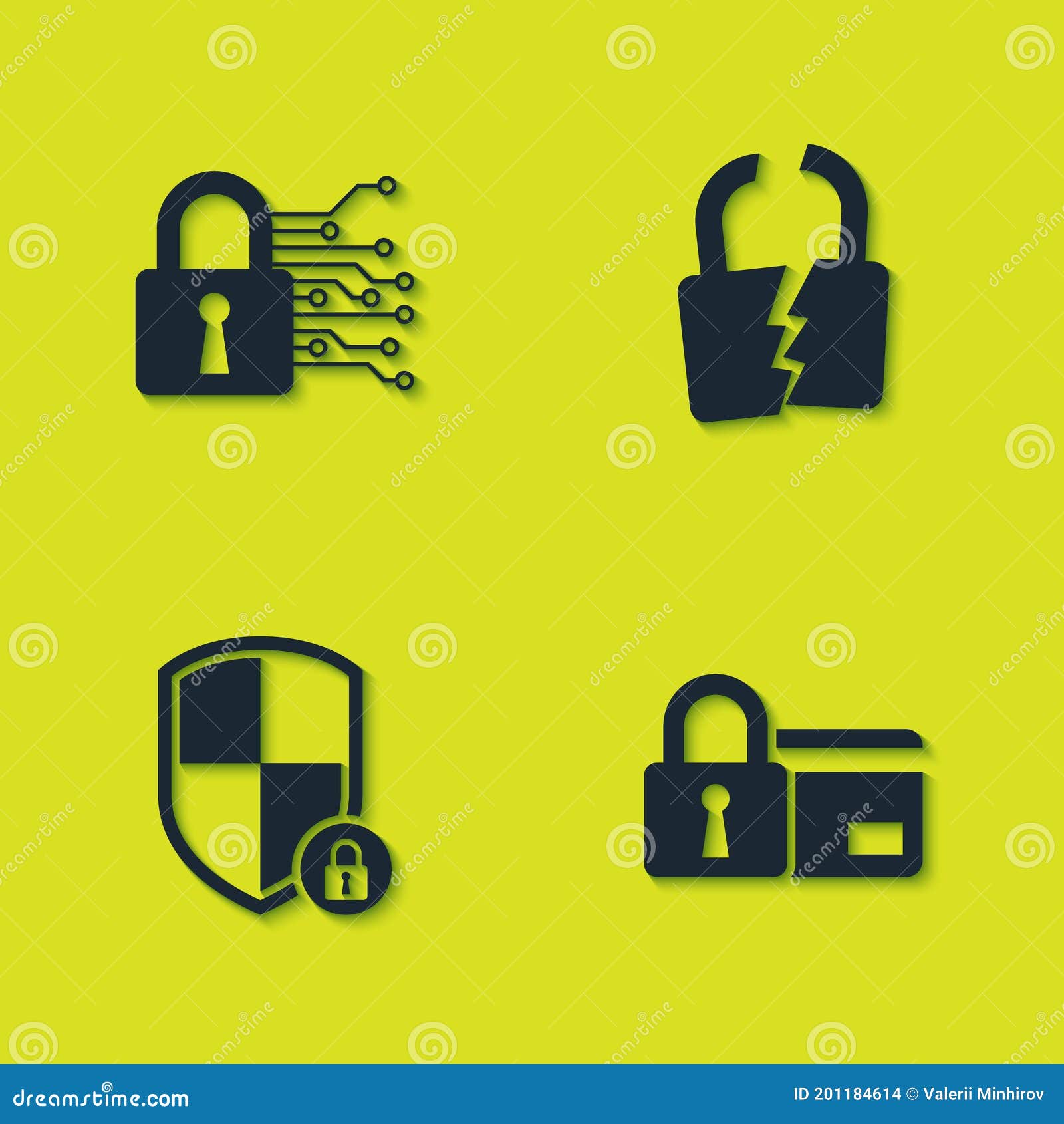 Set Cyber Security, Credit Card with Lock, Shield and Broken or Cracked ...