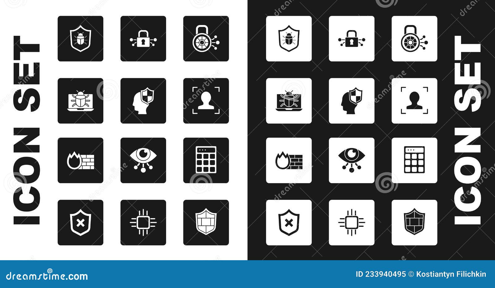 Set Cyber Security, Head with Shield, System Bug on Monitor, Face ...