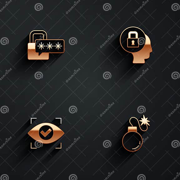 Set Cyber Security, Lock, Eye Scan and Bomb Icon with Long Shadow ...