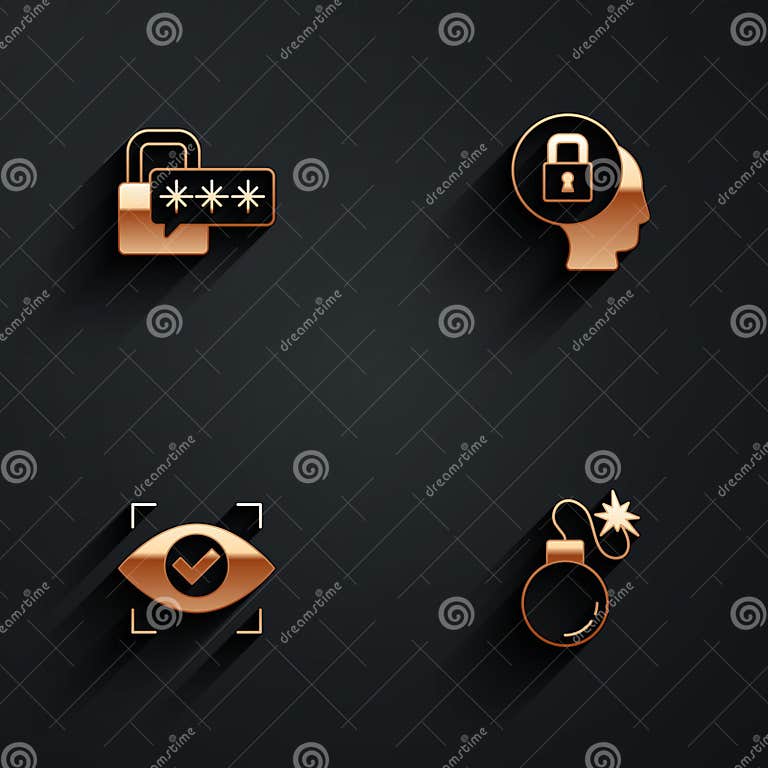 Set Cyber Security, Lock, Eye Scan and Bomb Icon with Long Shadow ...