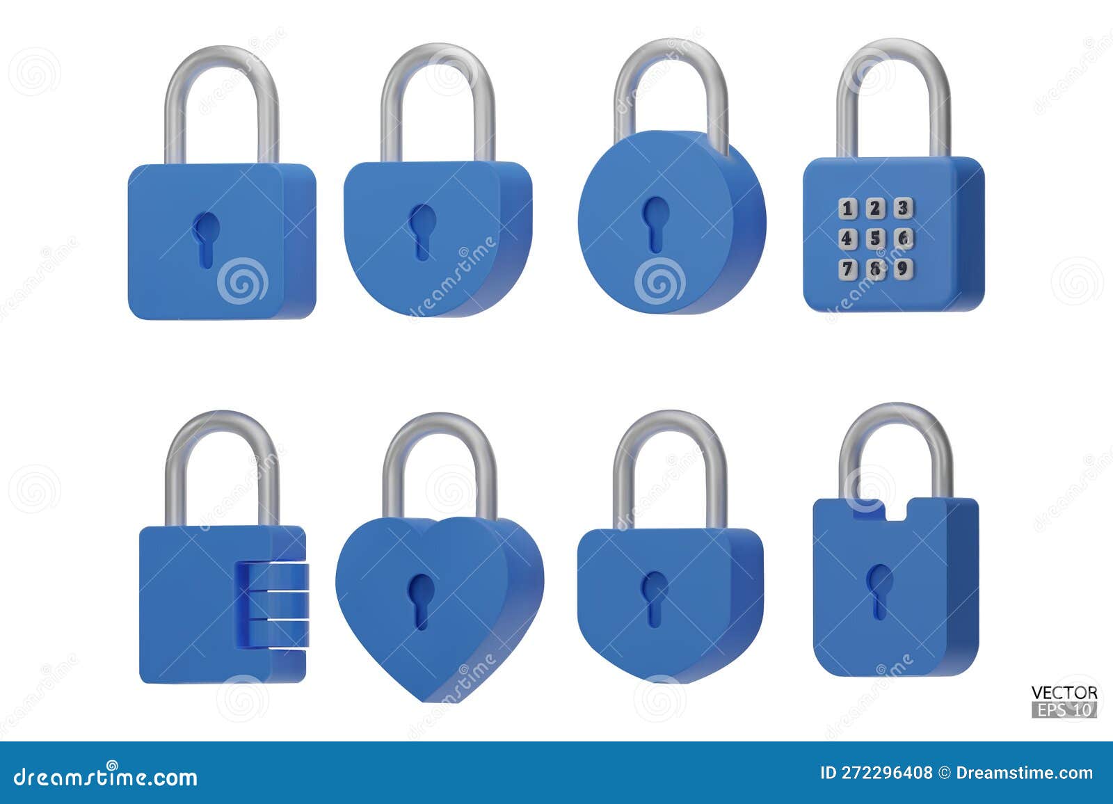 Set of 3D Blue Padlock Icons Isolated on White Background. Minimal Lock ...