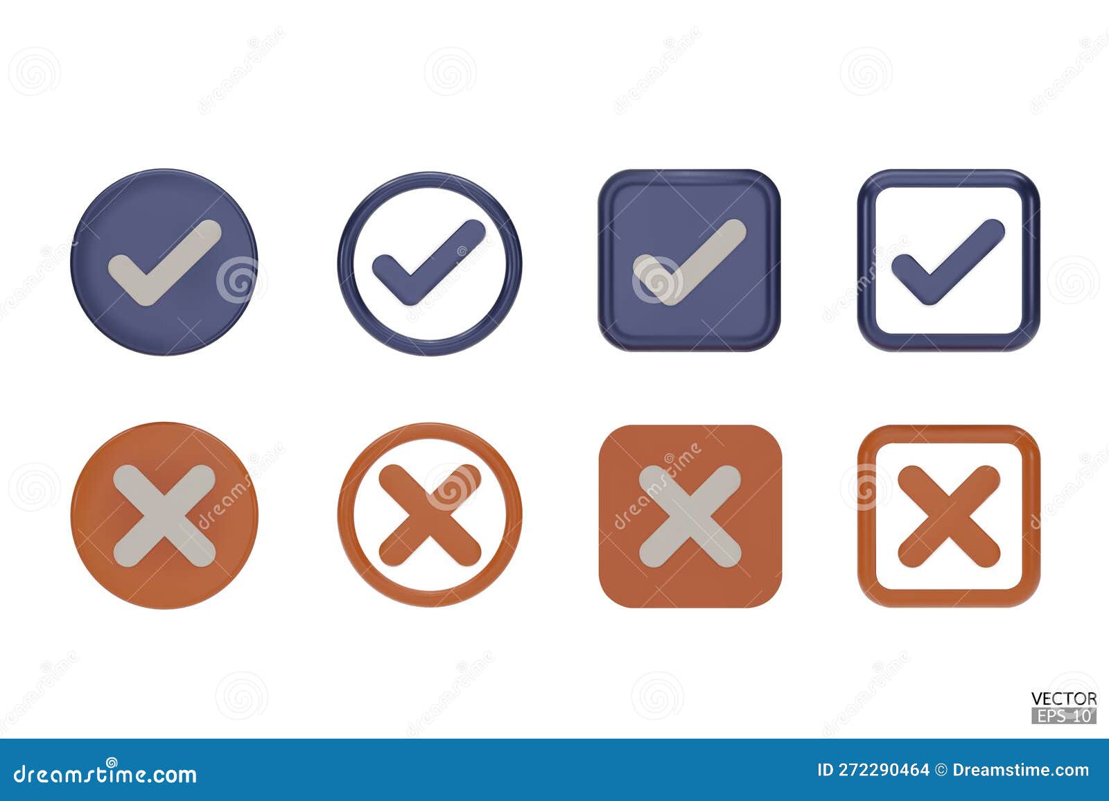 Set of 3D Checkmark and X Mark Icon Set. Blue and Orange Checkmark ...