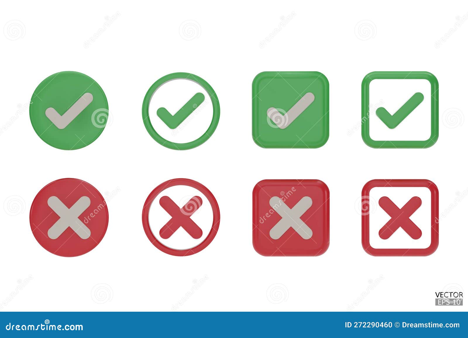 Set of 3D Checkmark and X Mark Icon Set. Checkmark Right Symbol, Tick ...